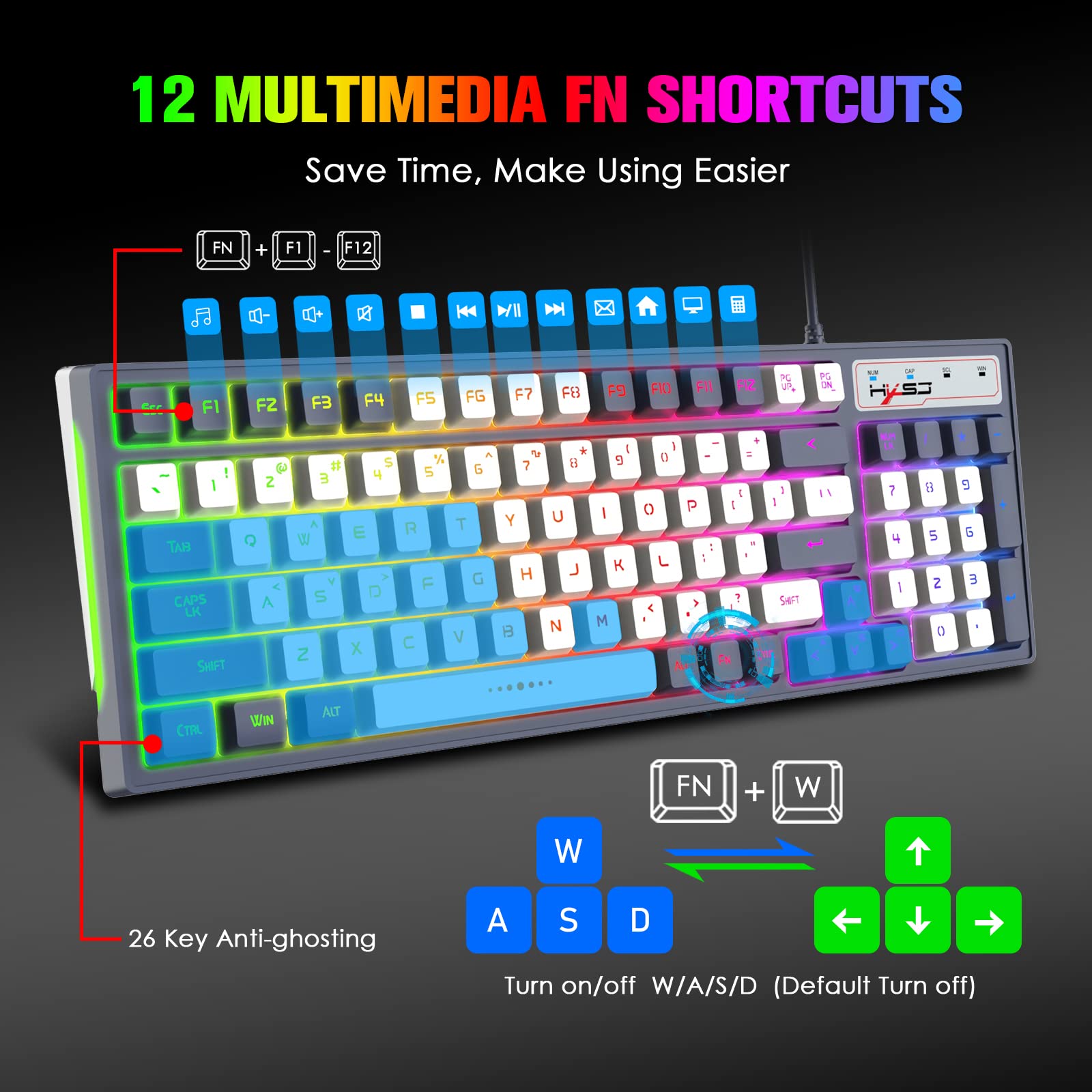 MANBASNAKE Gaming Keyboard,RGB LED Backlit,Multimedia Keys,Mechanical Feeling,Waterproof Compact 96 Keys,Silent USB Membrane Keyboard for Desktop,Computer,PC(Grey/White)