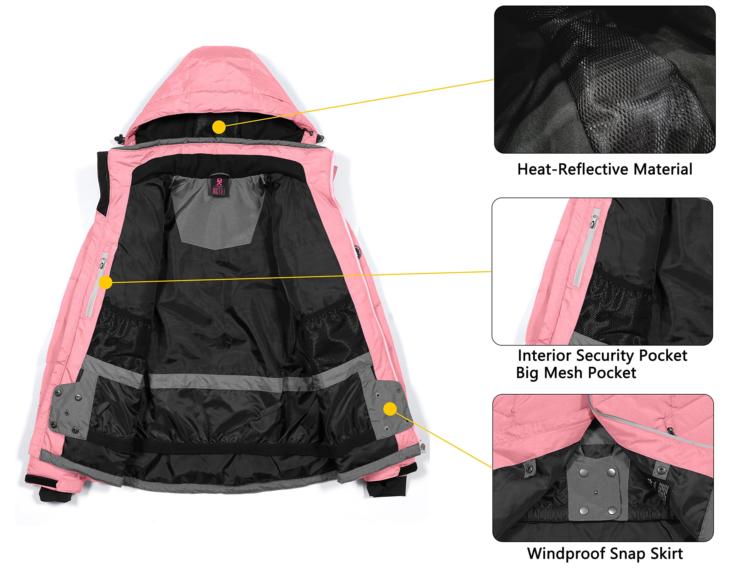 Little Donkey Andy Women's Warm Windproof Ski Insulated Jacket Water Repellent Winter Snowboarding Snow Coat With Detachable Hood Pink M