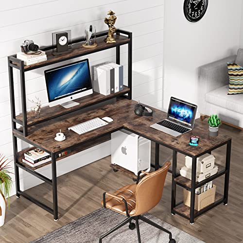 TRIBESIGNS WAY TO ORIGIN L-Shaped Desk with Storage Shelves, 59β Corner Computer Desk with Hutch, Industrial L Shaped Office Desk Gaming Table Workstation for Home Office (Rustic Brown)