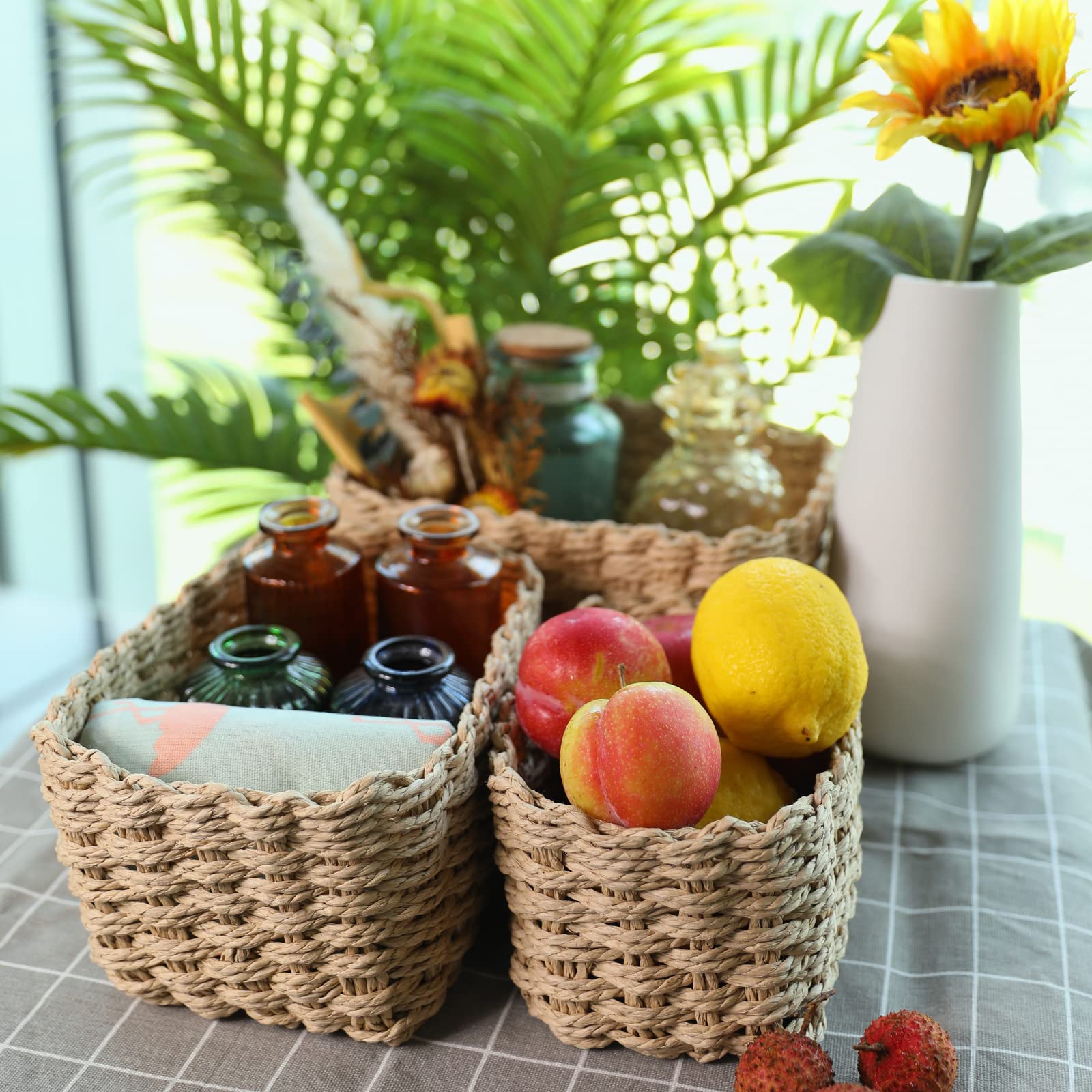 Small Wicker Baskets for Organizing, Recycled Paper Rope Storage Baskets Soft Container Boxes for Dressing Room Shelves Bathroom Bedroom, Stackable Square Woven Baskets Set of 3 (Beige, No Odor)