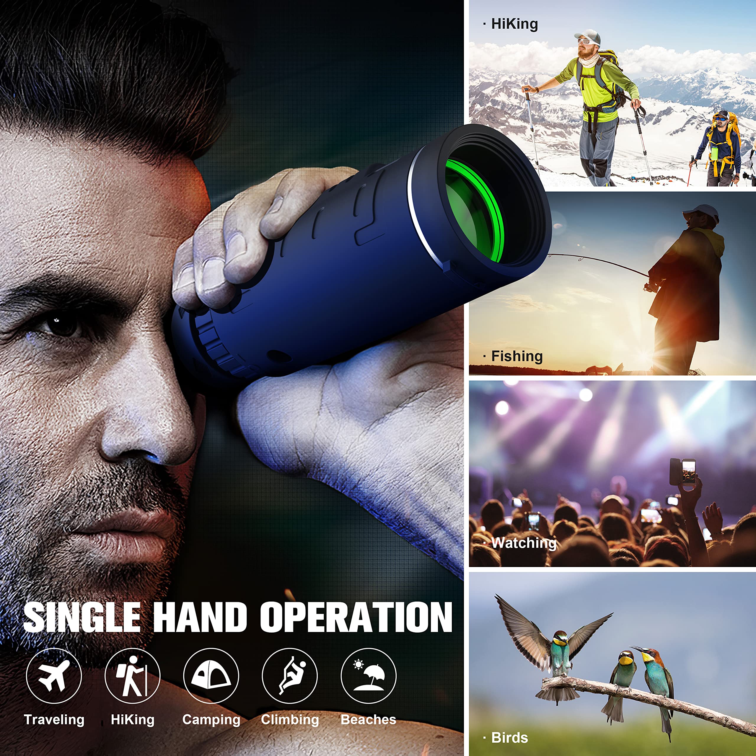 JiaSifu 40x60 High Definition Monocular Telescope with Smartphone Adapter, BAK4 Prism FMC Monocular with Clear Low Light Vision for Wildlife Hunting Camping Travelling(LD006-00A-41)