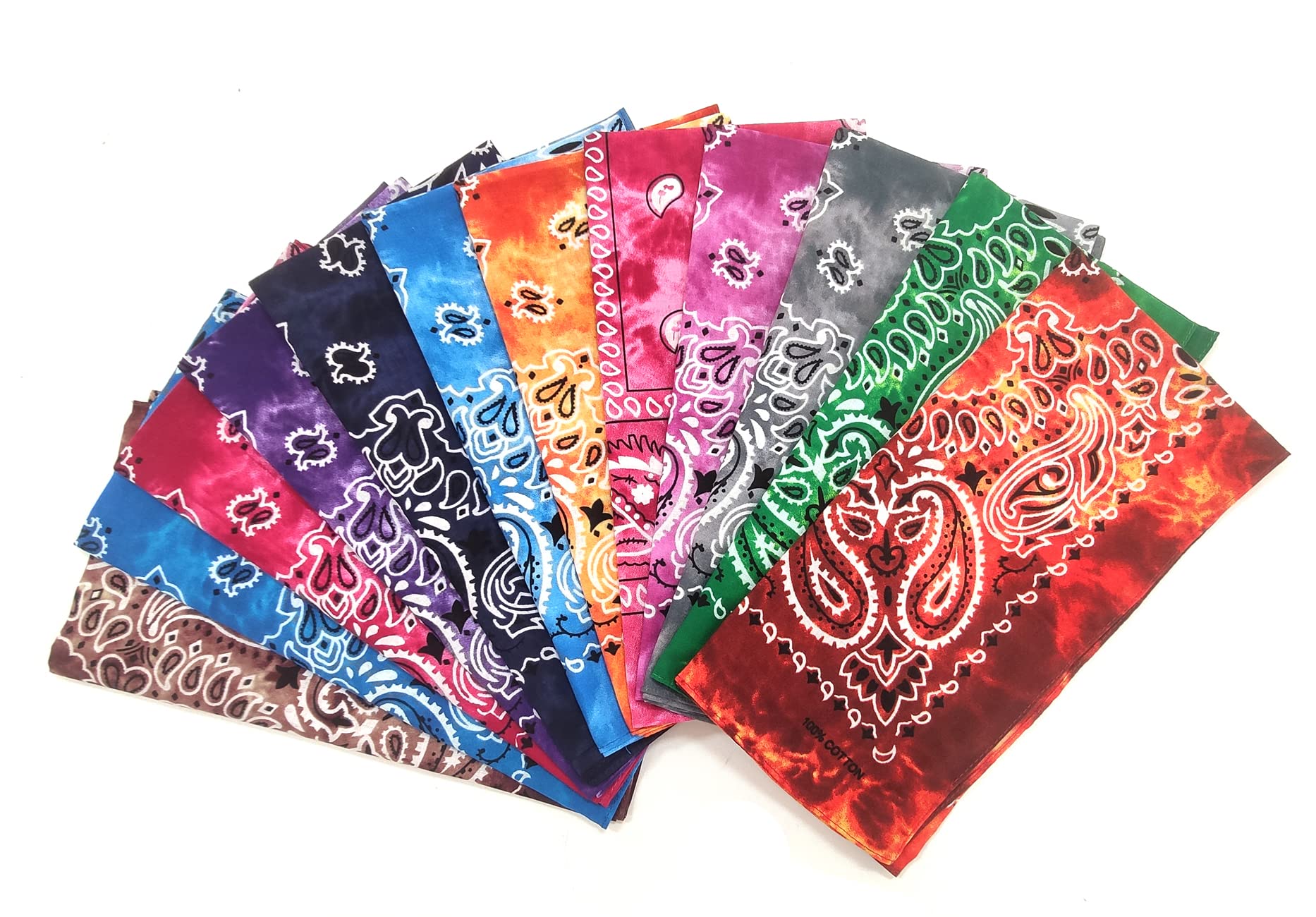 Nambee Tie Dye Bandanas Cotton Paisley Print Novelty Headband,12 Packs 21x21 inches Multi-Purpose Printed Unisex Kerchief