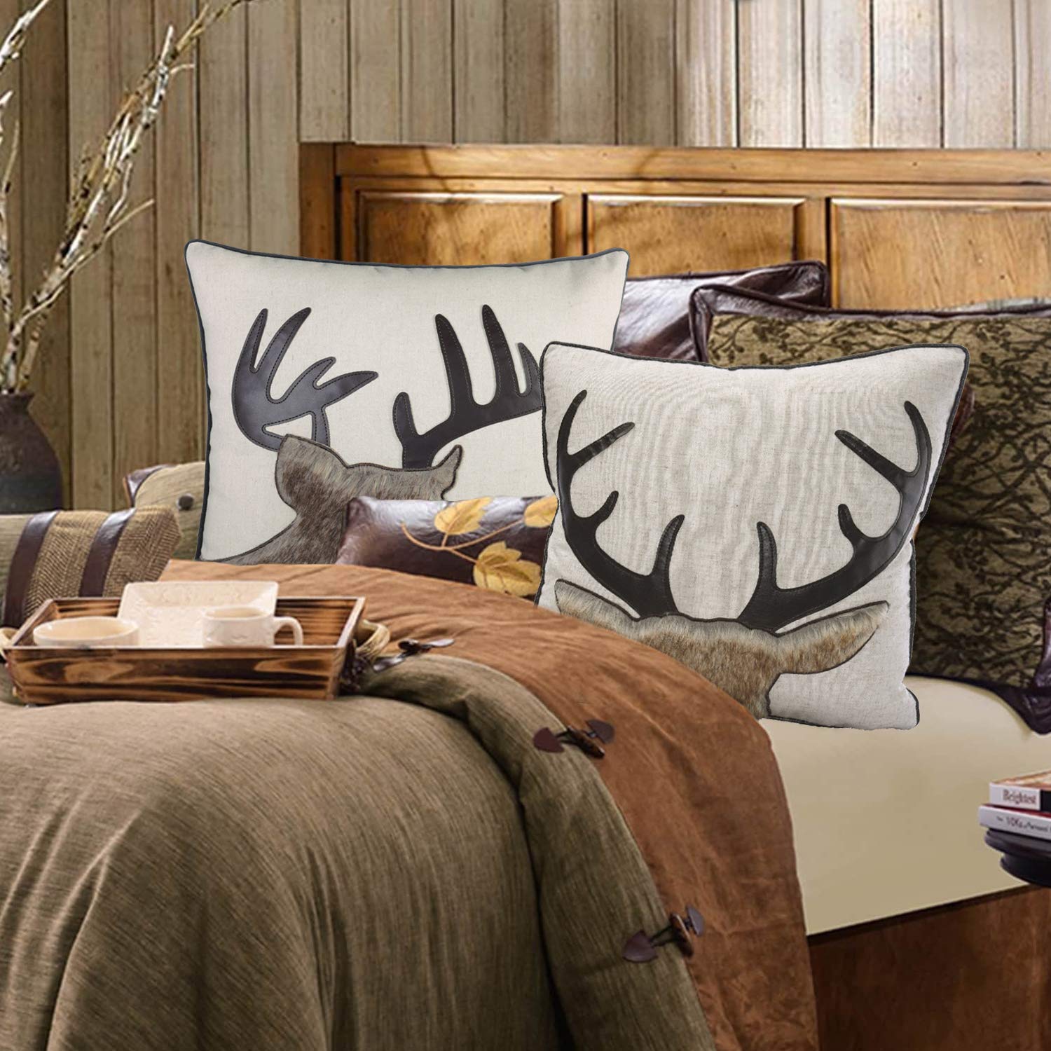 Little Funny Deer Throw Pillow Covers Farmhouse Deer Head Couch Pillow Decorative Linen Fur Deer Throw Pillow Case for Bed, Sofa, 18x18 Inch (Pack of 2)
