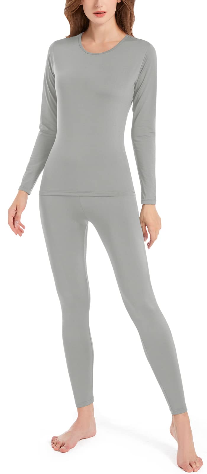 MRIGNT Women's Thermal Underwear Set, Soft Polyester Fleece Lined Base Layer Long Johns Top & Bottom Lightgrey