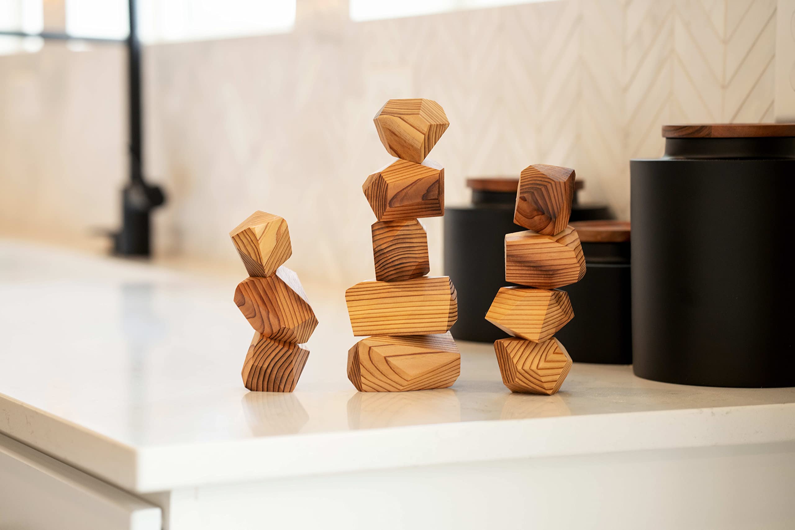 PERCHED Natural Cedar Stacking Rocks, Large Wooden Blocks, Montessori Puzzle Game, Toddler Toys For Classroom, Wood Balancing Stones Set (12 Pc)