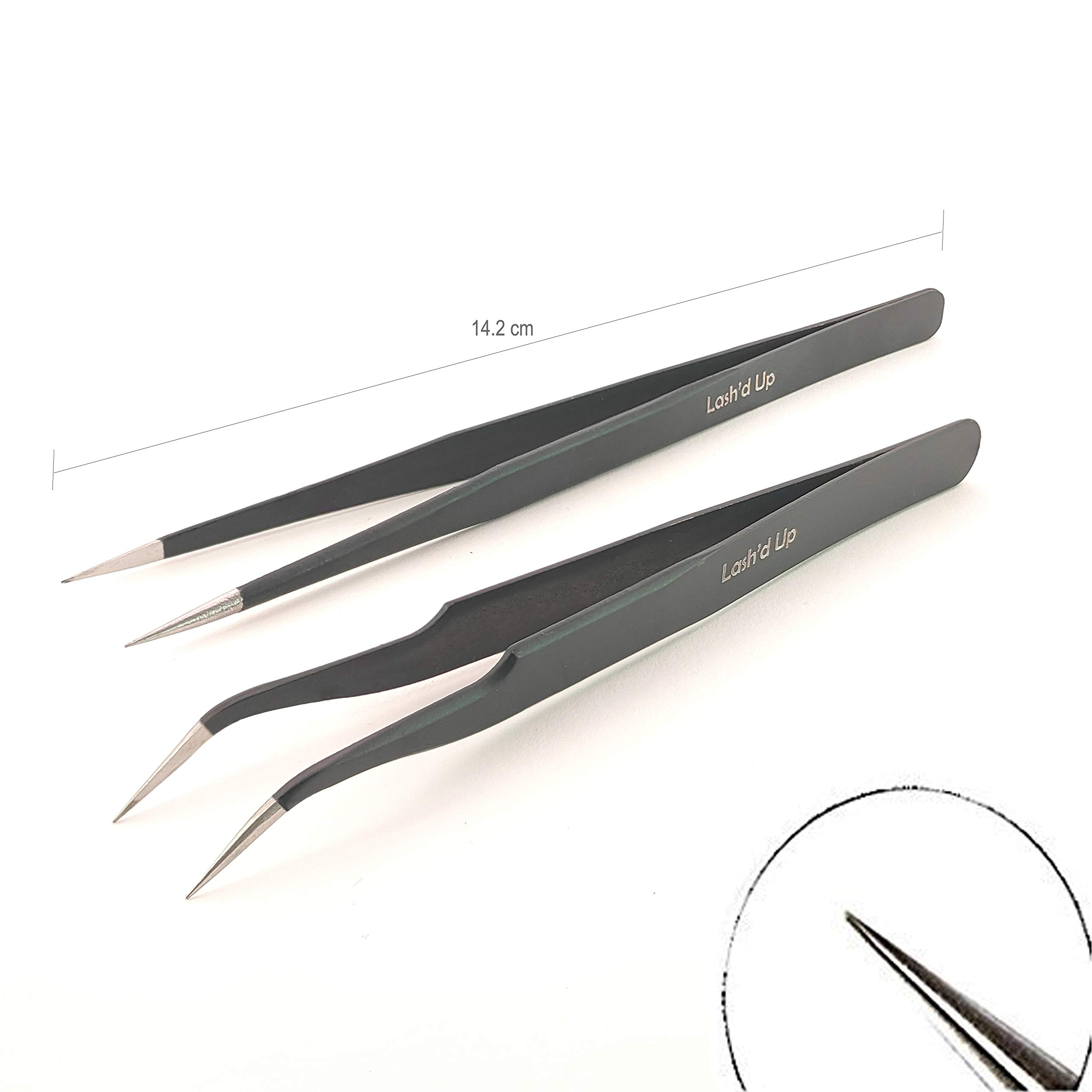 Lash'd Up 2 Pcs Black Stainless Steel Tweezers for Eyelash Extensions, Straight and Curved Tip Tweezers Nippers, False Lash Application Tools