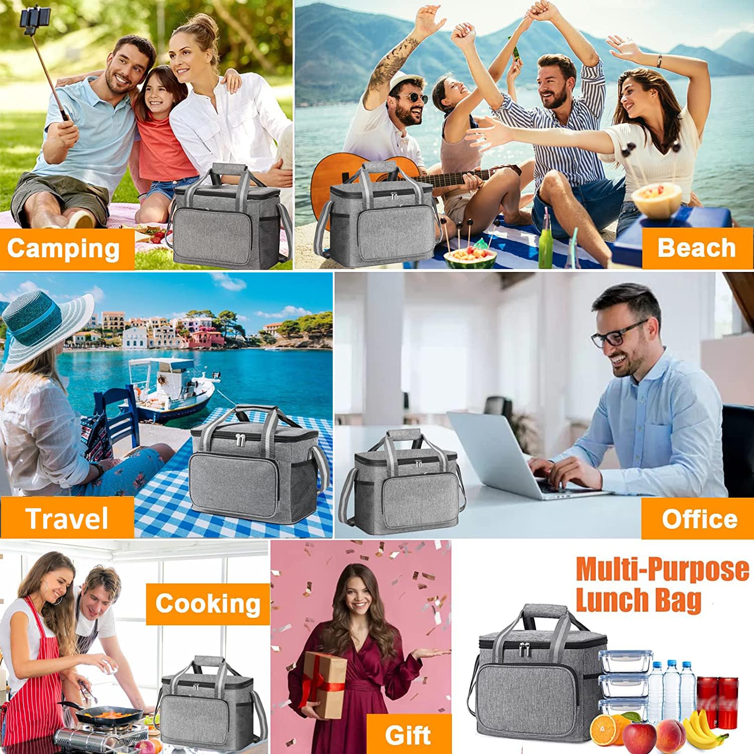 Insulated Cooler Bag for 24Can (14L) Reusable Thermal Bag Leakproof Freezable Cooler Bag Organizer with Adjustable Shoulder Strap for Women Men Office Work Picnic Hiking Beach, Grey