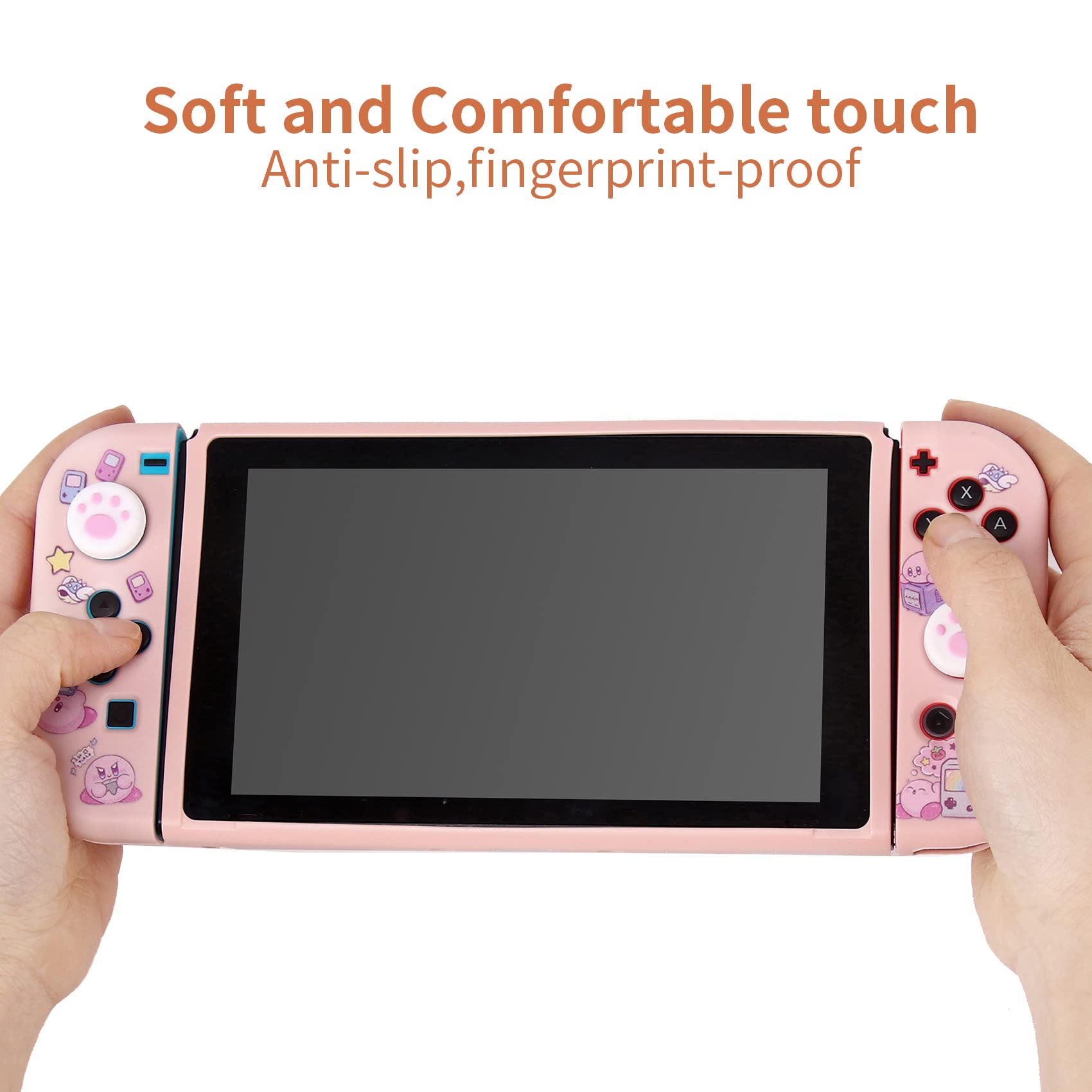 ManHaU&hO Protective Case for Switch,Cute Soft TPU Slim Case Cover for NS Console and Joy-Con Controllers,Have 2 Pink white cat claw patternThumb Grips Caps - (Pink Kirby)