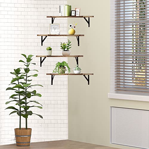 YSBYWSYR Corner Floating Shelves Wall Mounted, Set of 4 Rustic Wood Hanging Shelf for Bedroom, Living Room, Bathroom, Kitchen, Office and More