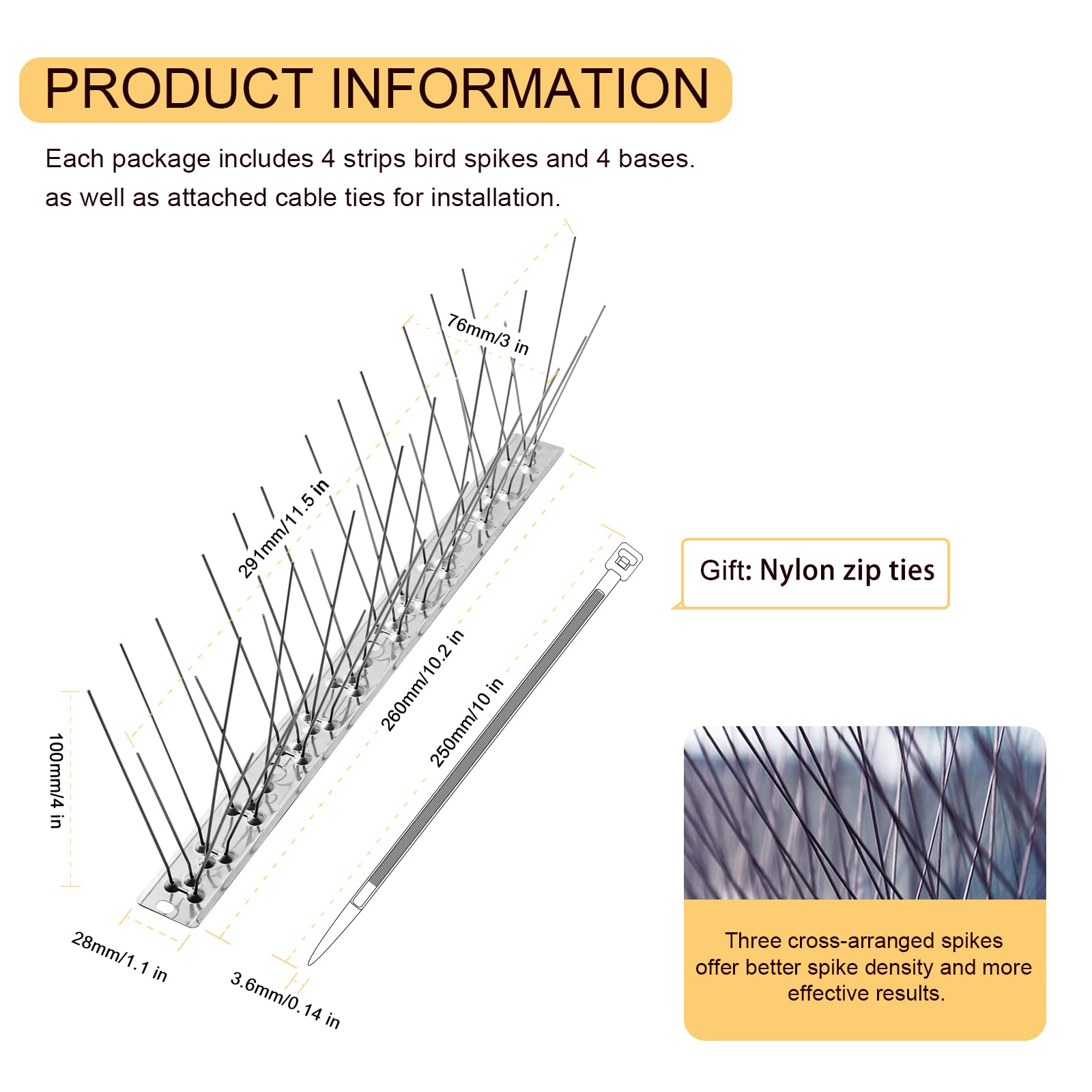 OFFO Bird Spikes with Stainless Steel Base, Durable Bird Repellent Spikes Arrow Pigeon Spikes Fence Kit for Deterring Small Bird, Crows and Woodpeckers, Covers 41 inches(104cm)