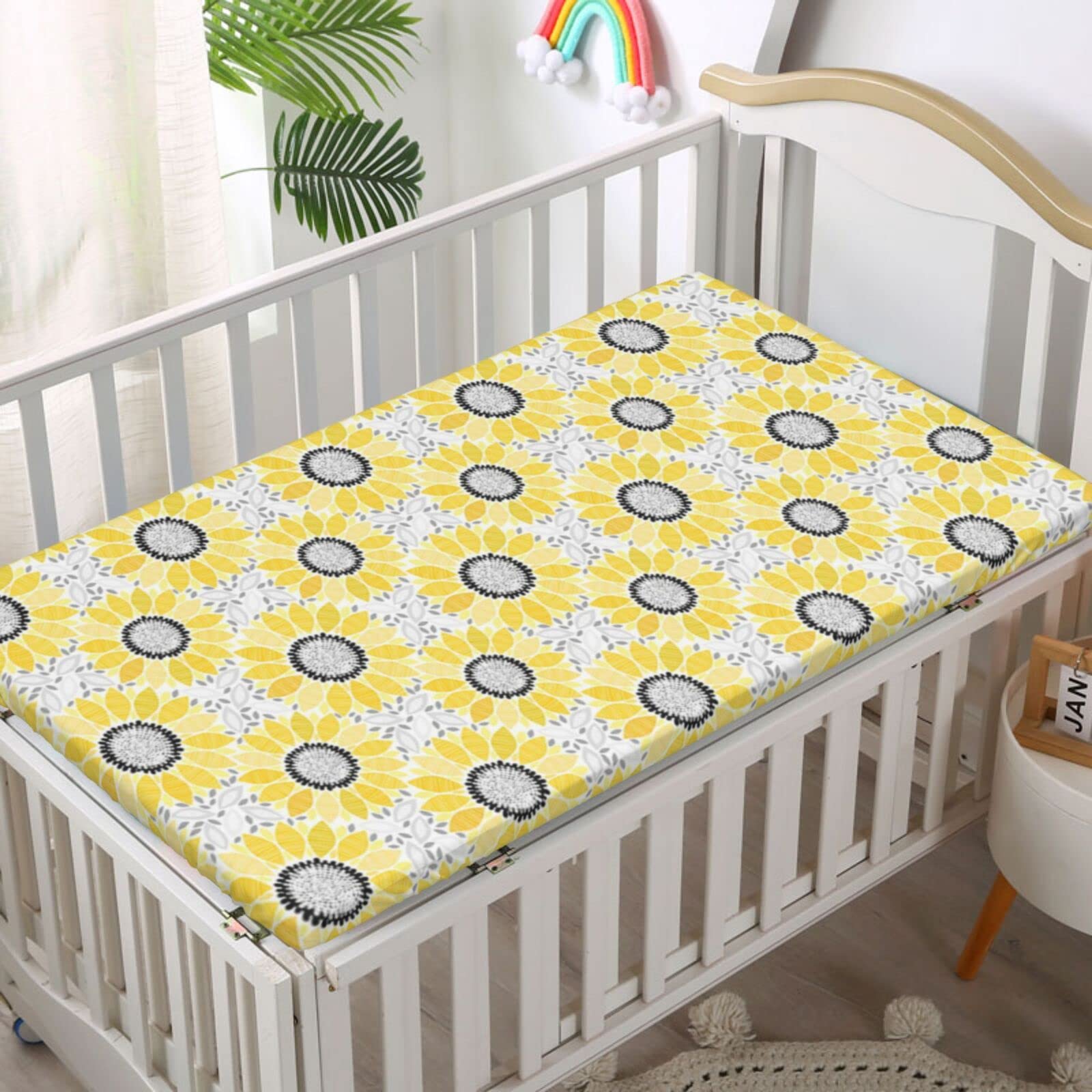 Sunflower Themed Fitted Mini Crib Sheets,Portable Mini Crib Sheets Soft Toddler Mattress Sheet Fitted-Baby Crib Sheets for Girl or Boy,24β x38β,Yellow Black Grey