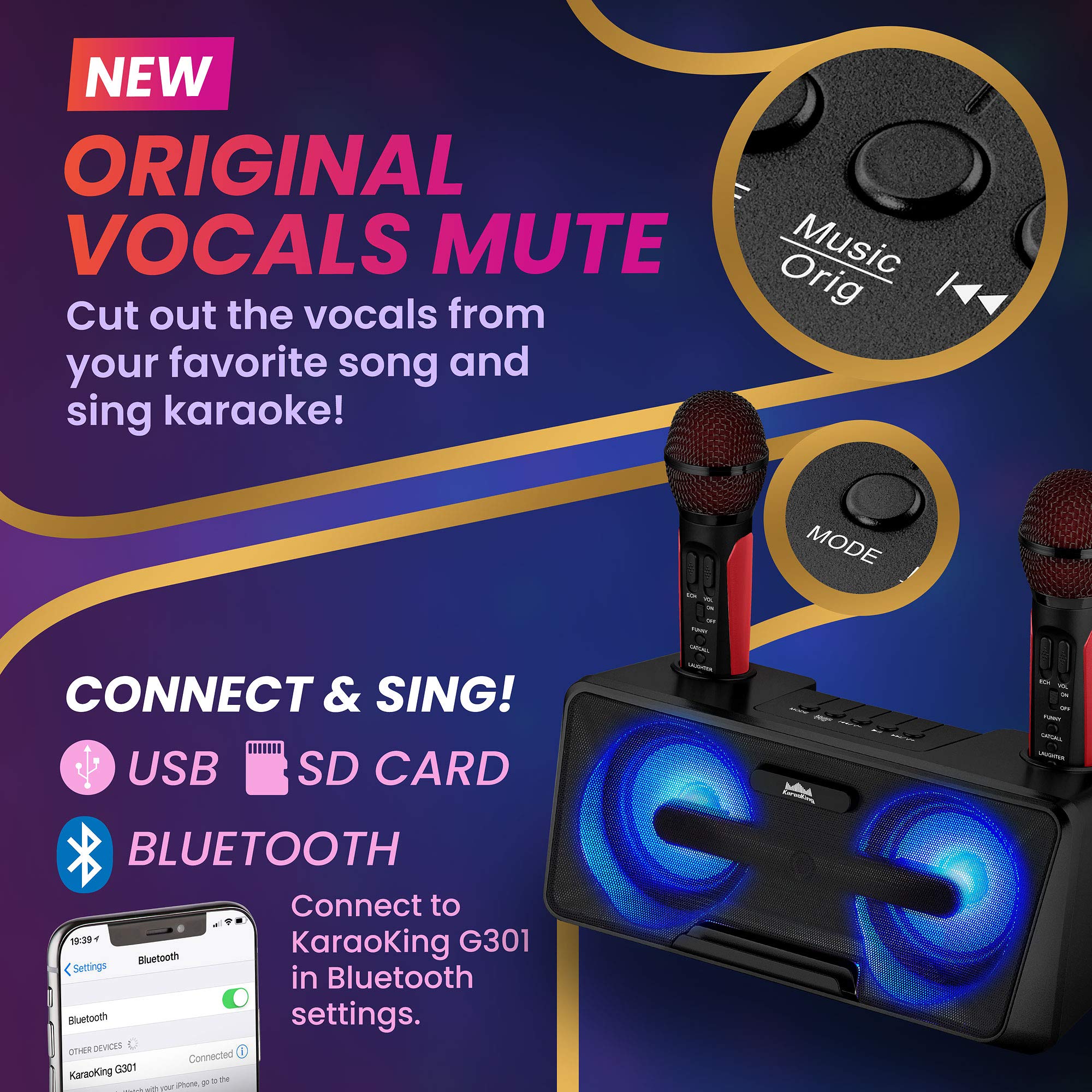 KaraoKing New 2020 Karaoke Machine – for Adults and Kids – 2 Wireless Karaoke Microphone, SD Card, USB, Bluetooth Compatible, LED Lights – Home, Bachelor Party, Picnic, Outdoor/Indoor [G301 Black]