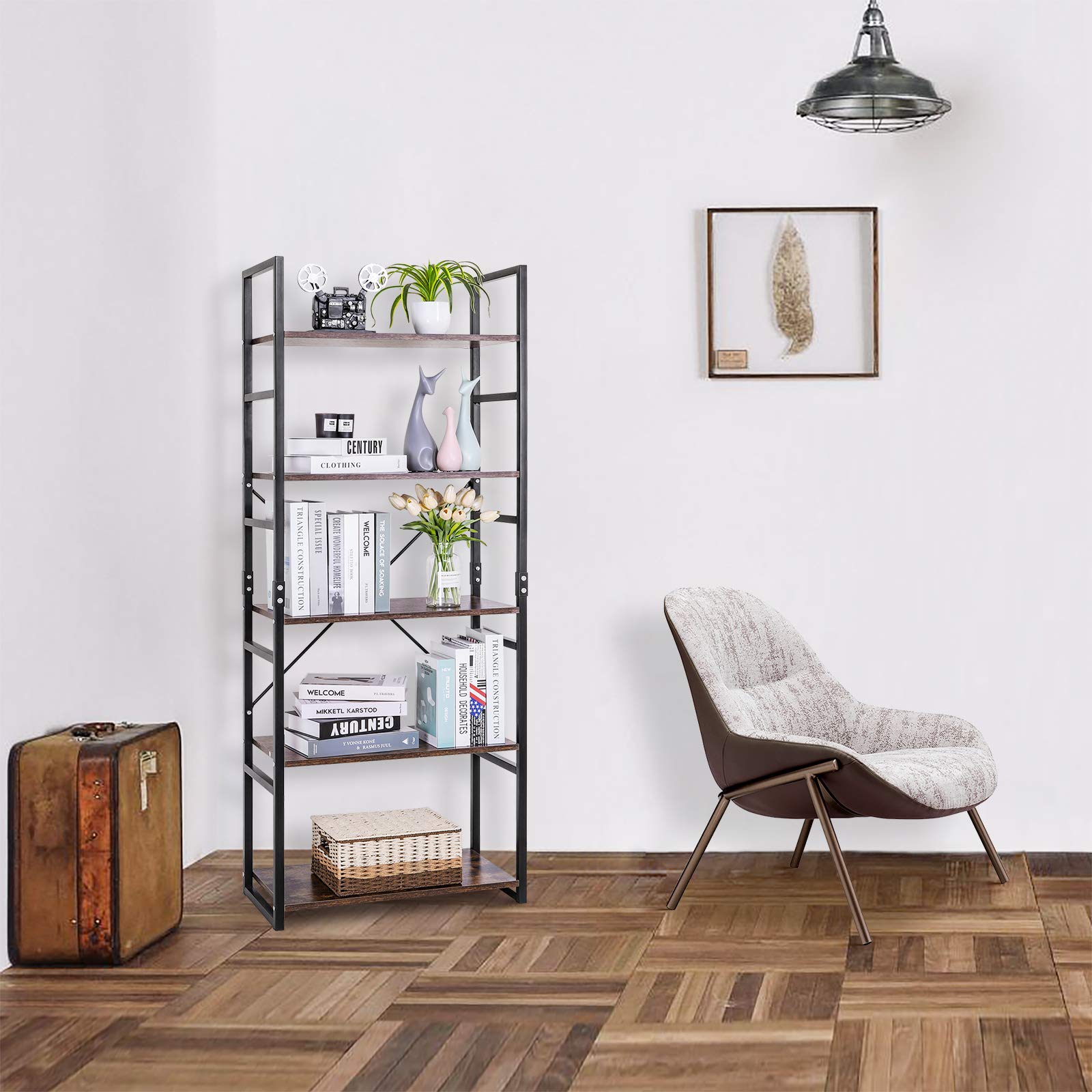 LLIVEKIT Bookshelf Tall 5-Tier Bookcase Wood Display Standing Shelf Units Storage Organizer for Home Office Industrial