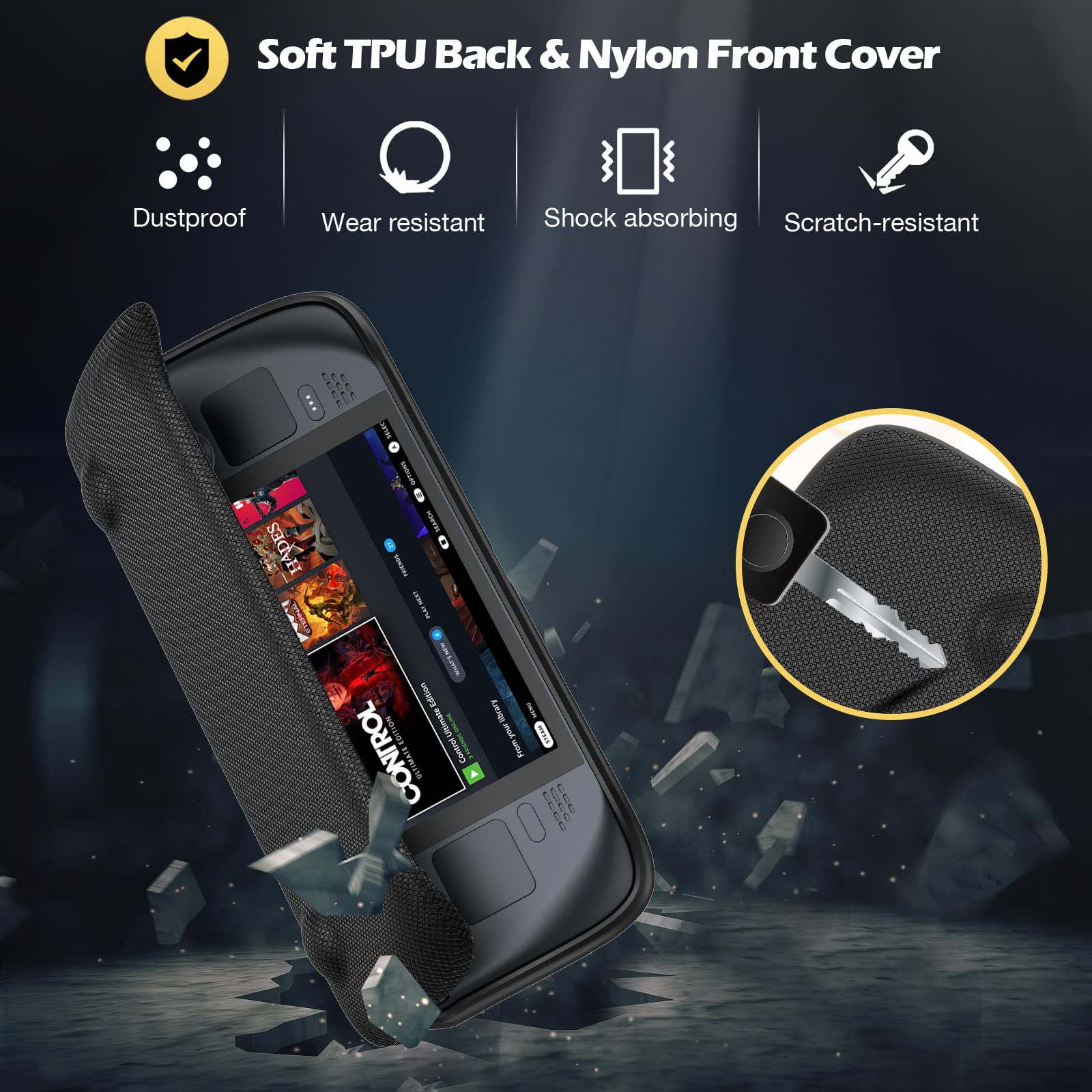 ProCase Flip Cover Case for Steam Deck with Tempered Glass Screen Protectors, Soft Protective Grip Case with Magnetically Detachable Front Shell Cover -Black