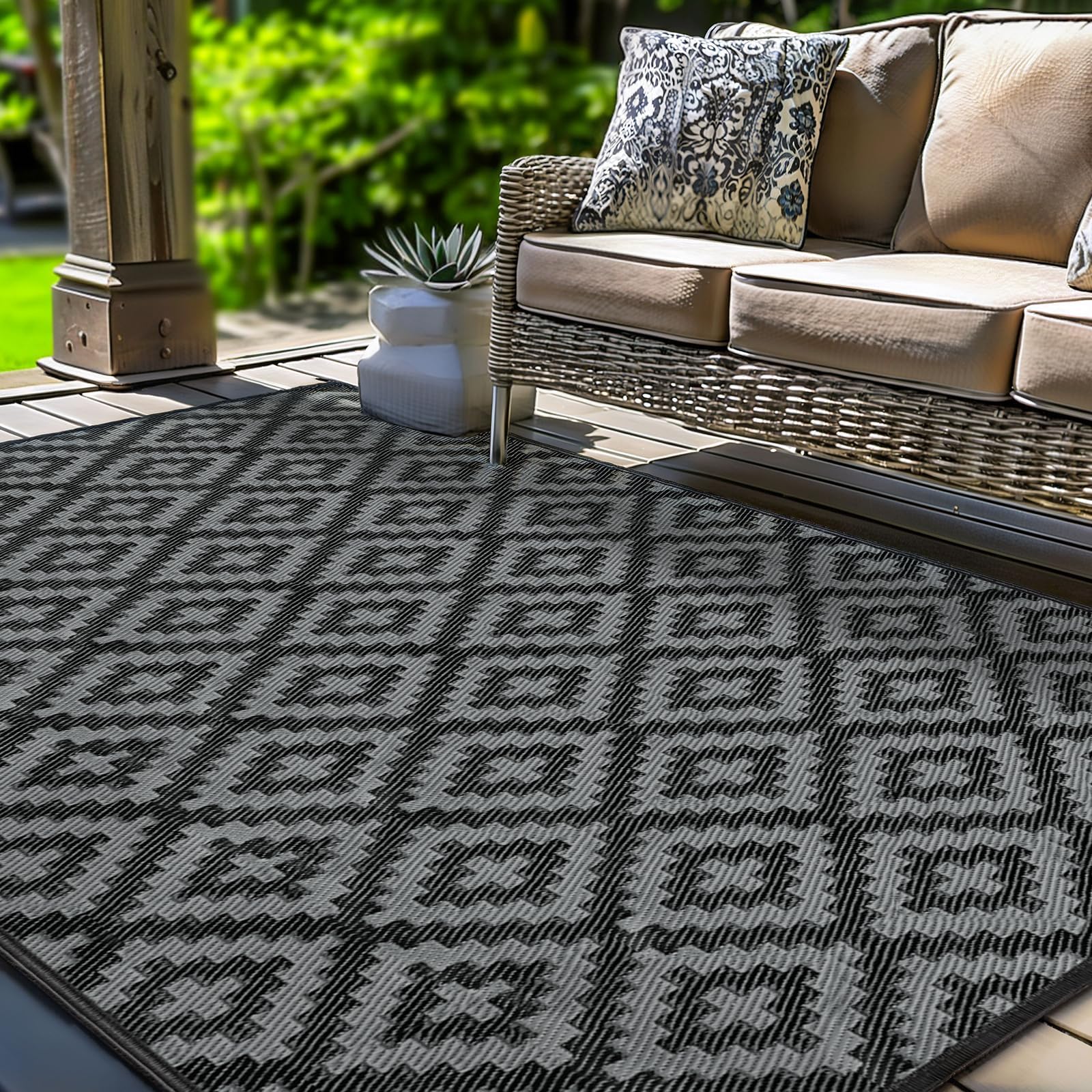 Kalafun Outdoor Patio Rug, Waterproof Area Rug for Patios, Plastic Straw Carpet, 4x6 ft, Blue Grey