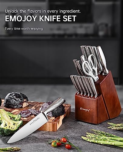 Knife Set, Emojoy 16-Piece Kitchen Knife Set with Block Wooden Carving Fork, Ripple German Stainless Steel Knife Block Set, Hollow Handle for Chef Knife Set with Sharpener and Scissors