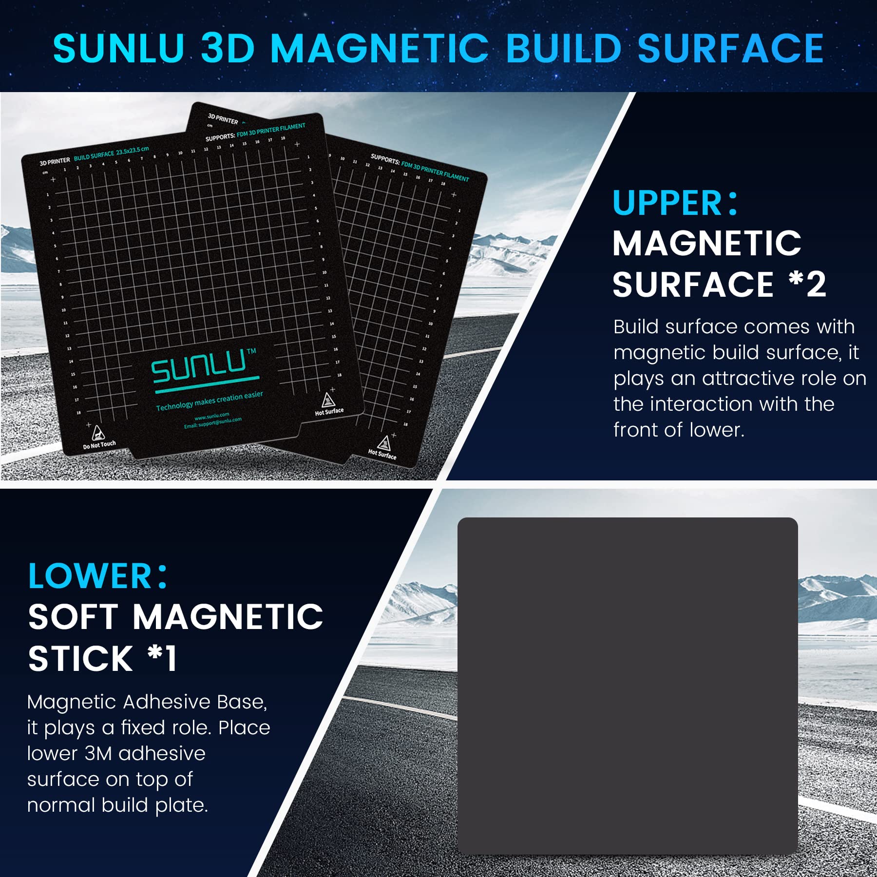 SUNLU 3D Printer Flexible Removable Magnetic Platforms,235*235mm(9.25*9.25 inch), 3D Printer Build Surface Heated Bed, For 99% FDM 3D Printer, 2 Pcs Magnetic Removeable Print Bed Sticker +1 Pcs Base.