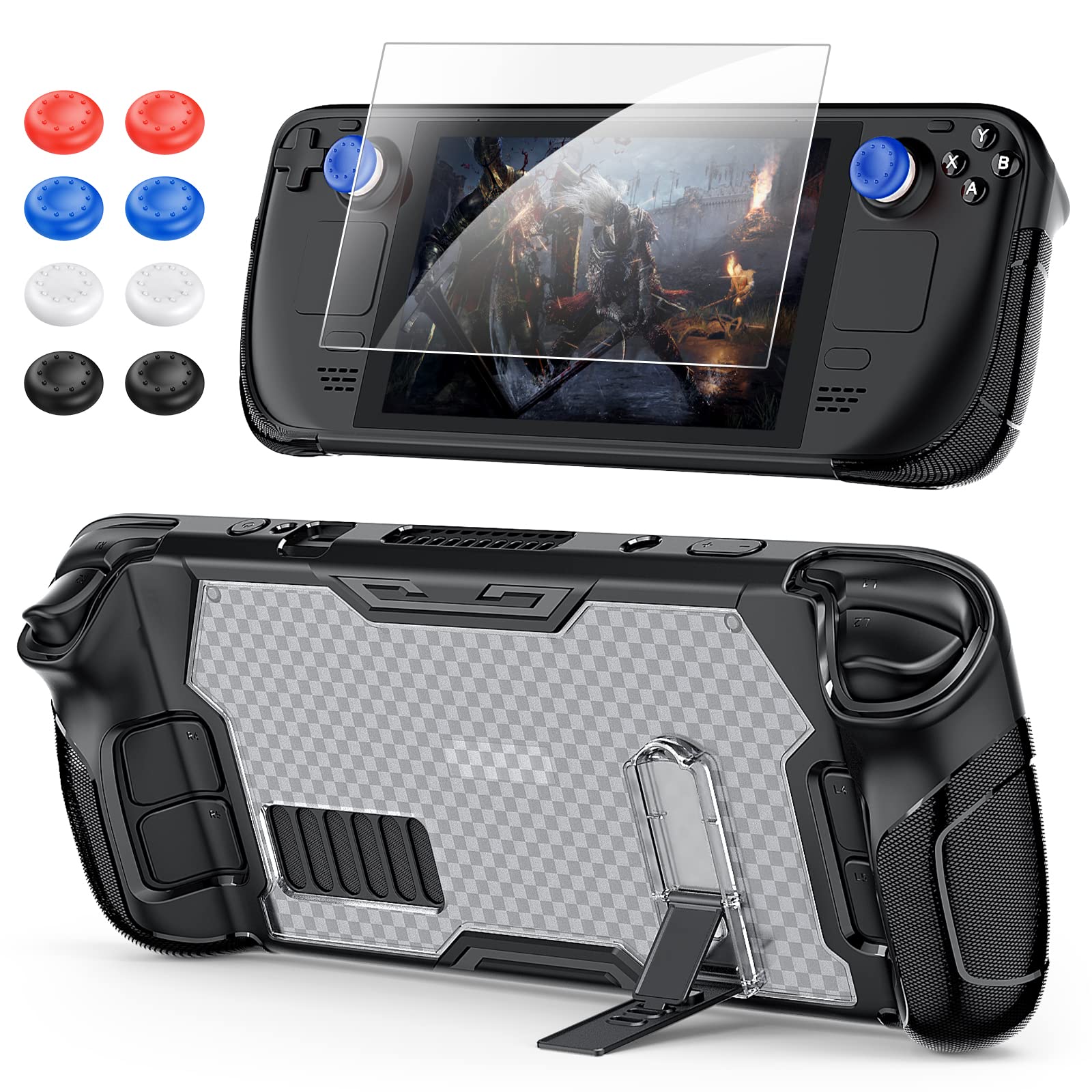 Protective Case with Kickstand for Steam Deck, YUANHOT Accessories Kit Including Flexible Cover Protector with Alloy Kick Stand & Comfortable Grip, Screen Protector, Thumb Grips for Steam Deck, Black