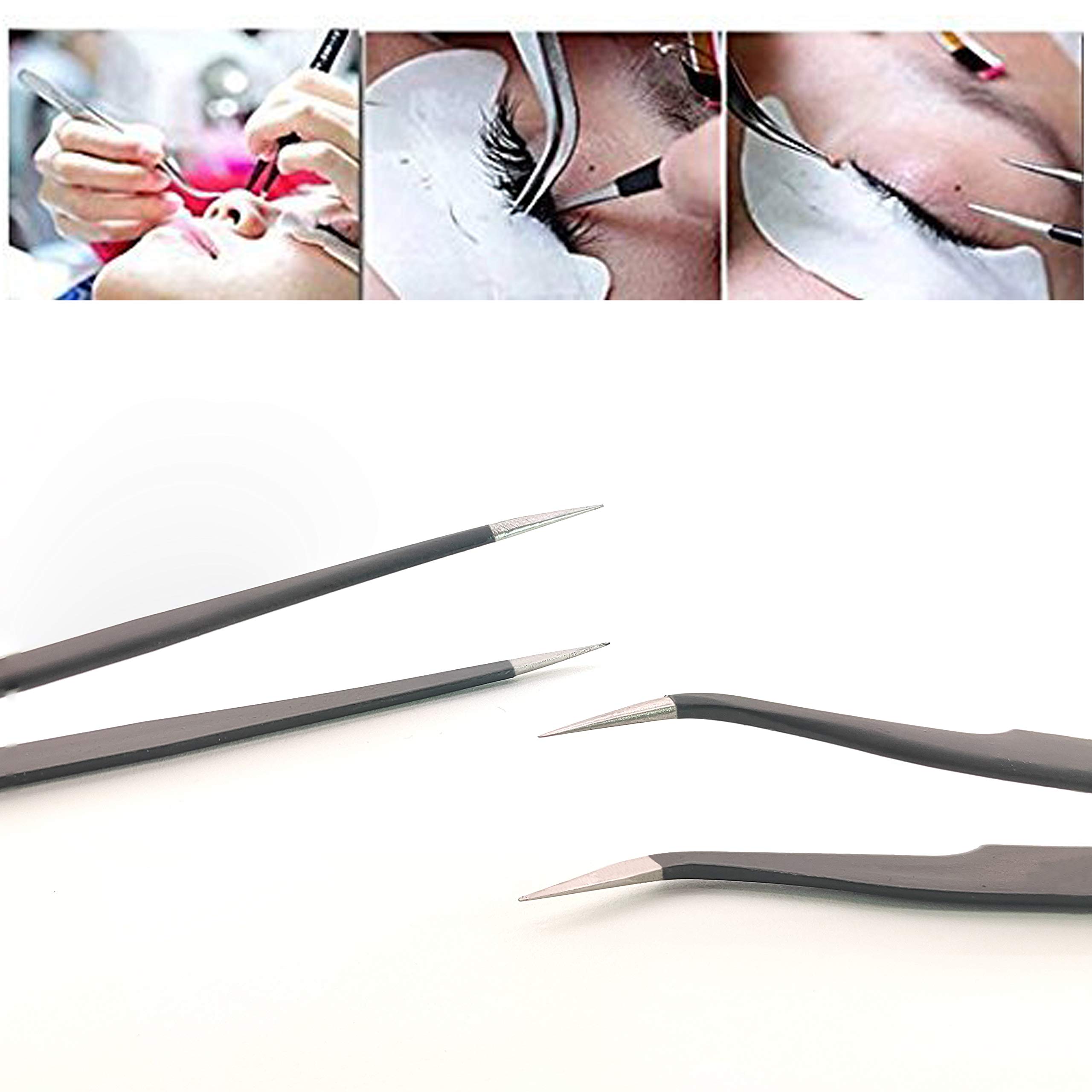 Lash'd Up 2 Pcs Black Stainless Steel Tweezers for Eyelash Extensions, Straight and Curved Tip Tweezers Nippers, False Lash Application Tools