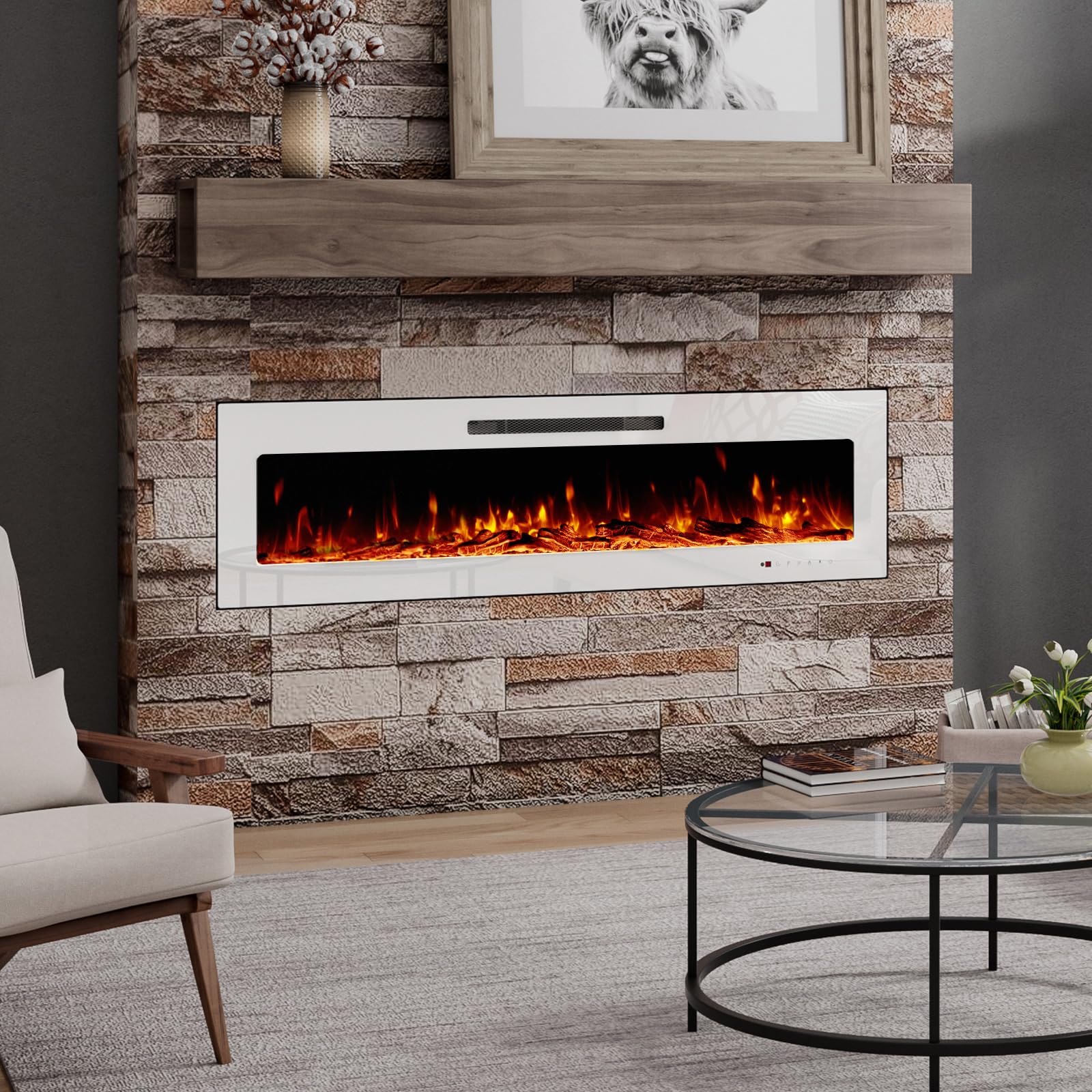LUXOAK 60" Recessed and Wall Mounted Electric Fireplace with Adjustable Flame Brightness, Mirrored Fireplace Freestanding with Legs, Remote Control & Touch Screen, Low Noise, White