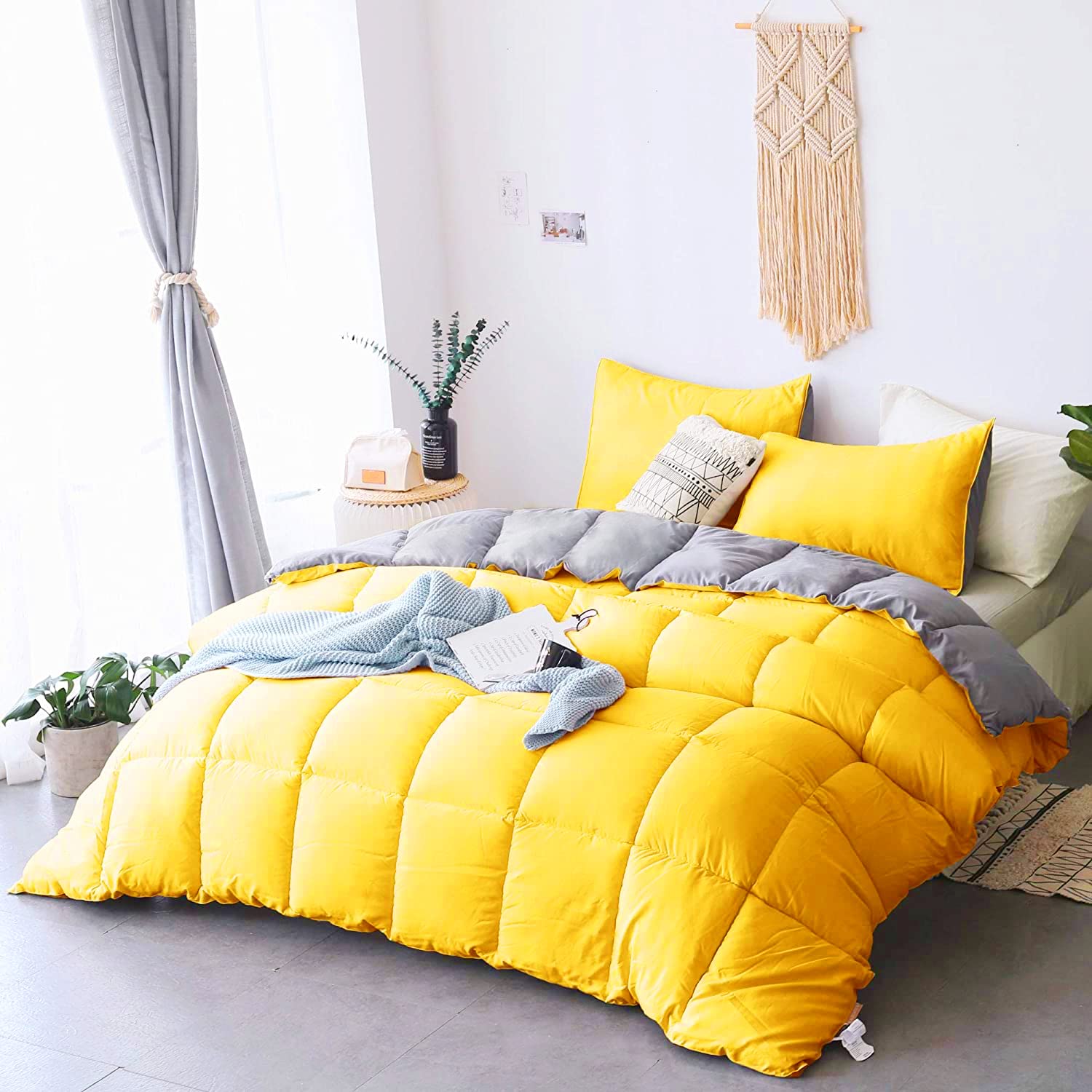 KASENTEX Dual-Sided Yellow and Grey Comforter Set, 2 Pieces Lightweight Teen Solid Bedding Set & Collections, All Season Fluffy Bed Set (68x88in Comforter & 1 Pillowcase)