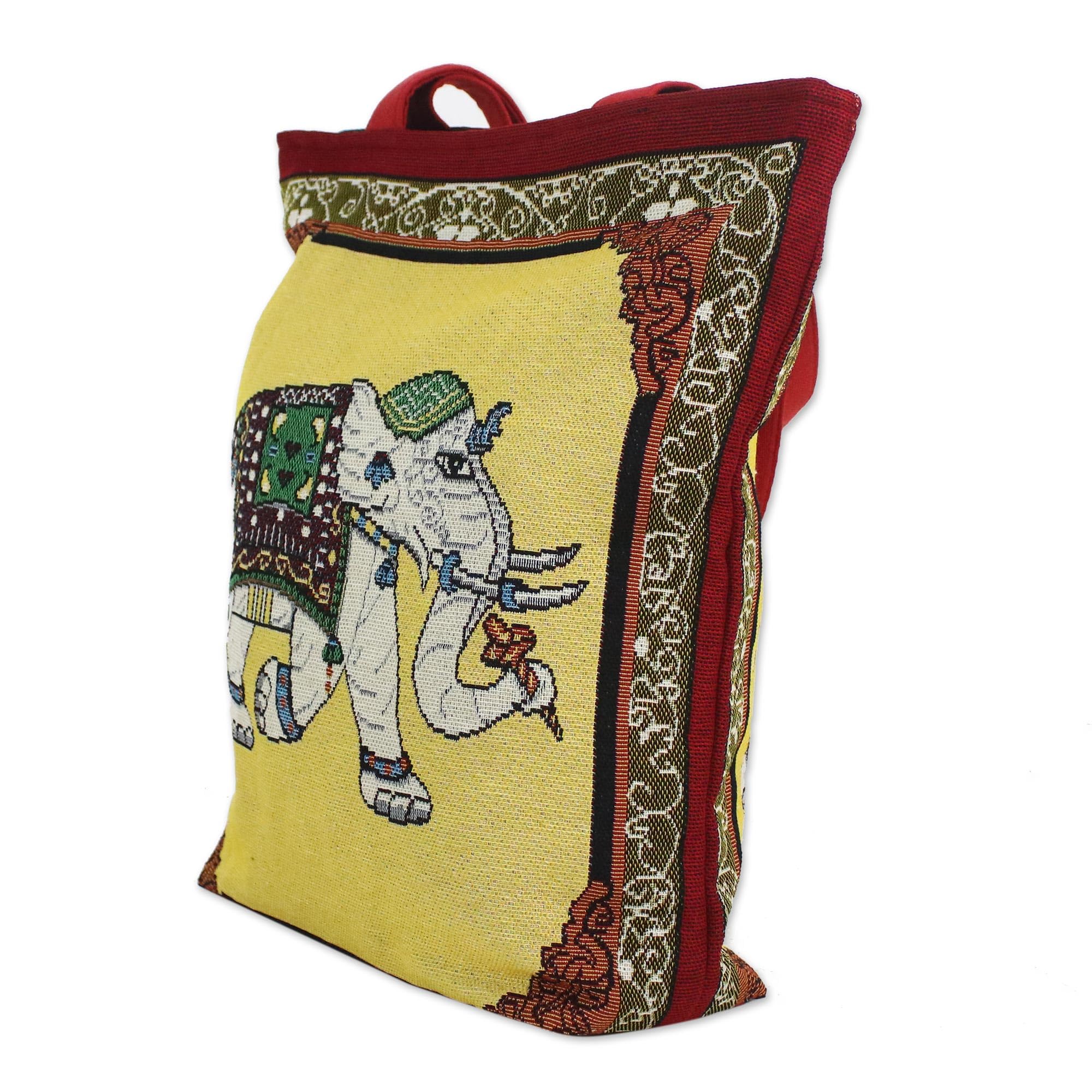 NOVICA Artisan Hand Embroidered Cotton Shoulder Bag Summer Thai Elephant Handbag Multicolor Yellow Thailand Animal Themed 'Summer Elephant'