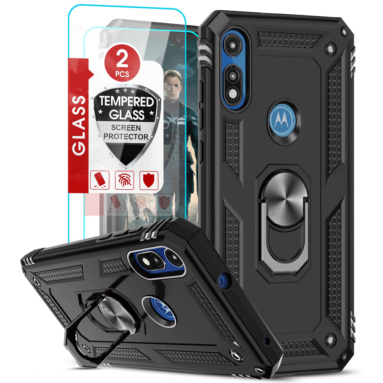 LeYi for Moto E Phone Case (2020) with [2 Pack] Tempered Glass Screen Protector, Military-Grade Protective Phone Case with Magnetic Ring Kickstand for Motorola Moto E 2020 Case, Black