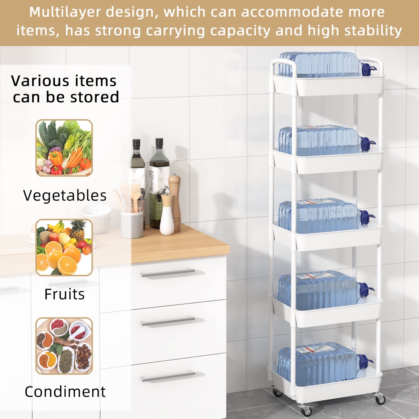 JIUYOTREE 5-Tier Rolling Storage Cart Utility Cart with Lockable Wheels for Living Room Bathroom Kitchen Office White