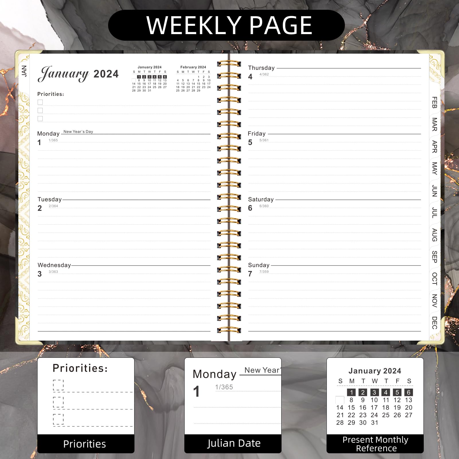 Knagsfa 2024 Monthly Planner, Jan 2024 - Dec 2024 Weekly Monthly Planner 6.5" x 8.5" with Page Tabs, Calendar Hardcover with Inner Pocket, Elastic Band, Twin-Wire Binding, Bookmark,Black Pink Marble