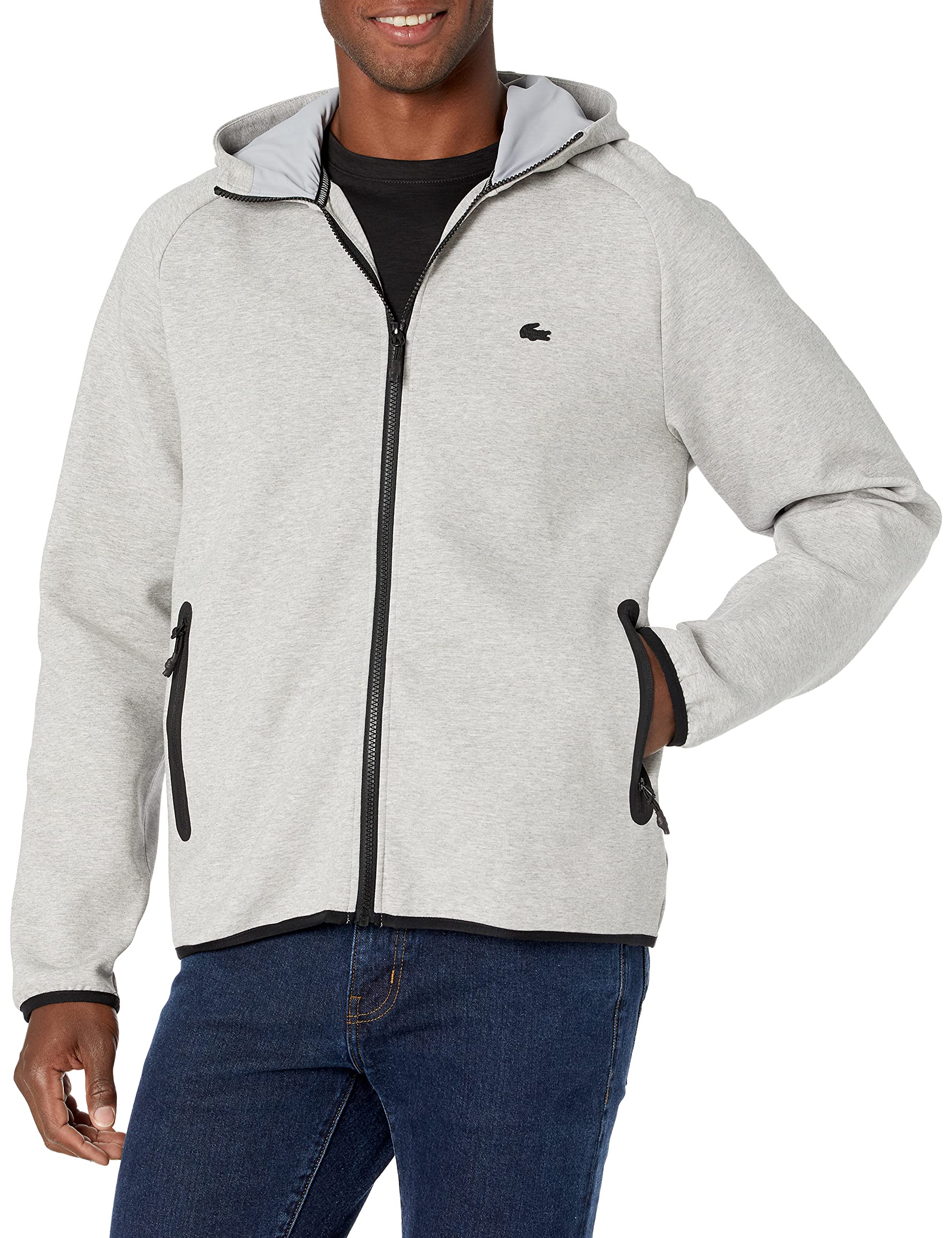 Lacoste Men's Long Sleeve Full Zip Double Face Hooded Sweatshirt, Heather Wall/Elephant Grey, XXL