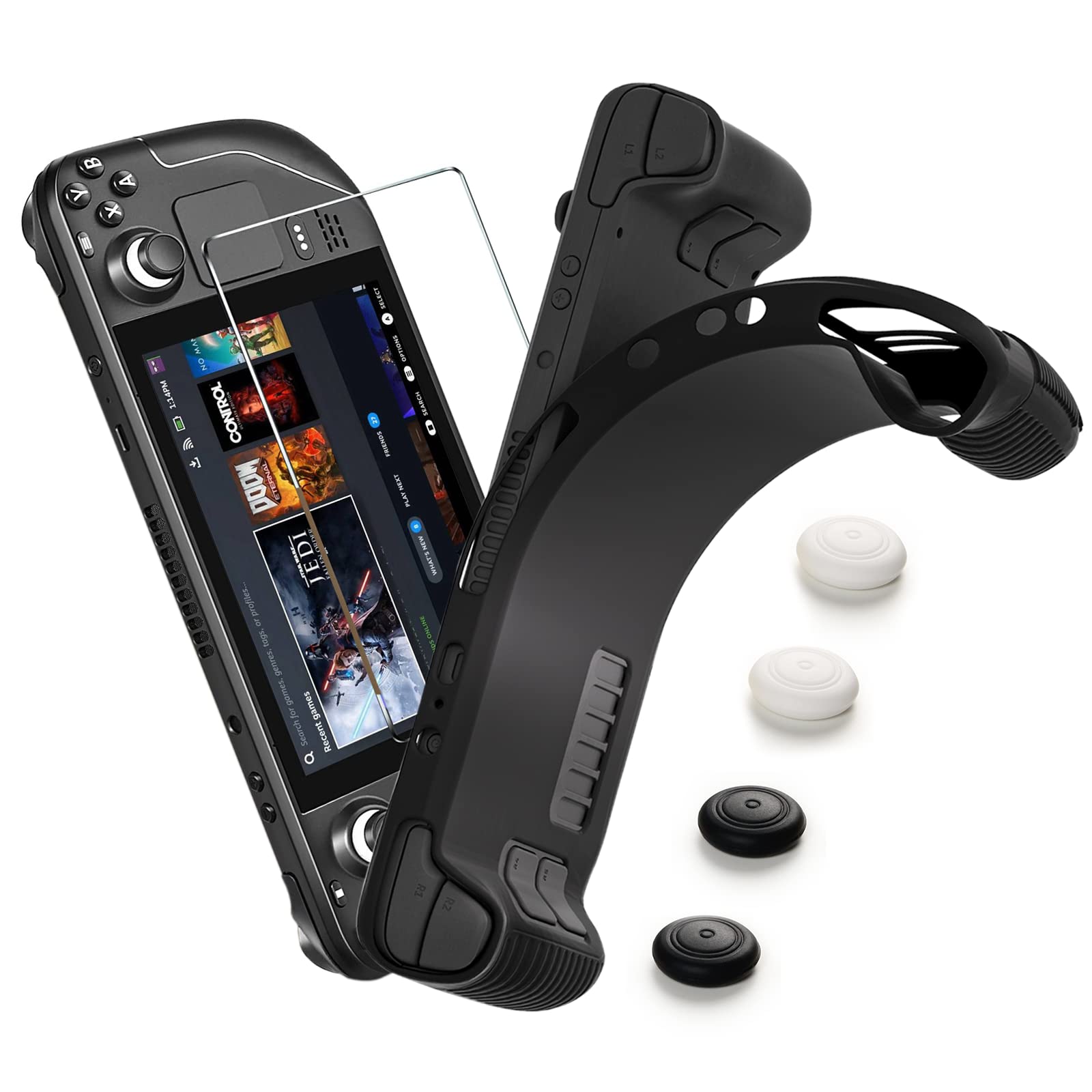Protective Case for Steam Deck, with Screen Protector*1 and Thumb Grips*2 pairs, Hosanwell Full Body Silicone Protective Case for Steam Deck, Black