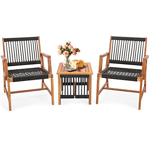 Tangkula 3 Pieces Acacia Wood Outdoor Furniture Set, All-Weather Rope Woven Bistro Set with Armchairs and Coffee Table, Patio Conversation Set for Front Porch, Deck, Balcony