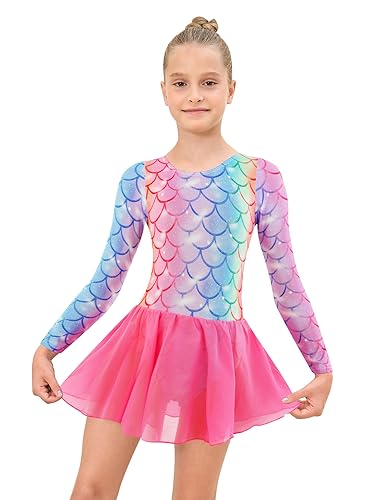 Long Sleeve Leotards for Girls Gymnastics Colorful Stripes Mermaid Size 6-7 Skirts