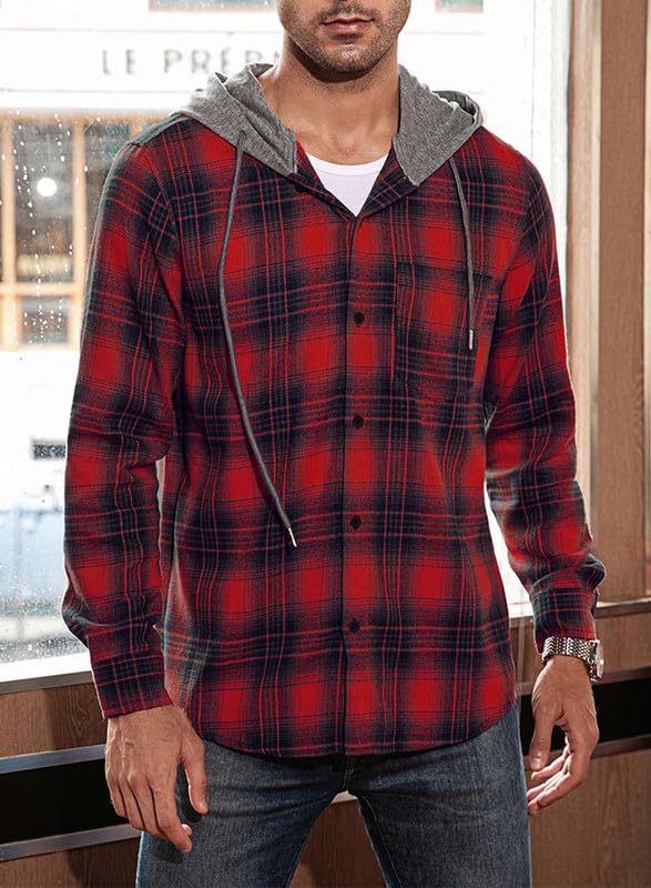 JMIERR Flannel Hoodies for Men Casual Button Down Plaid Long Sleeve Lightweight Winter Shirts Jackets,US 46 (XL),0Red