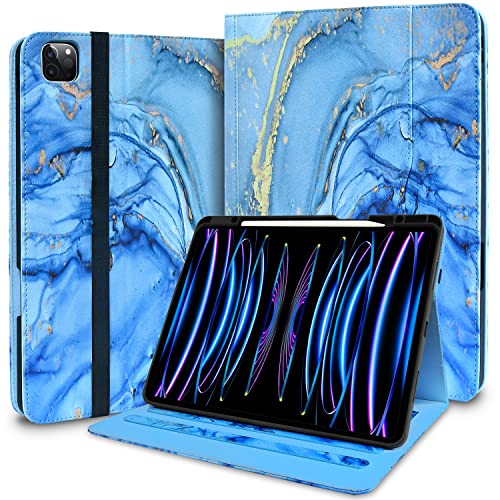 Zonefoker for New iPad Pro 12.9 Case 6th/5th/4th/3rd Generation 2022/2021/2020/2018, 12.9 inch ipad Pro Leather Folio Cover with Pencil Holder, Multi-Angle Viewing Stand, Auto Wake/Sleep, Marble Blue