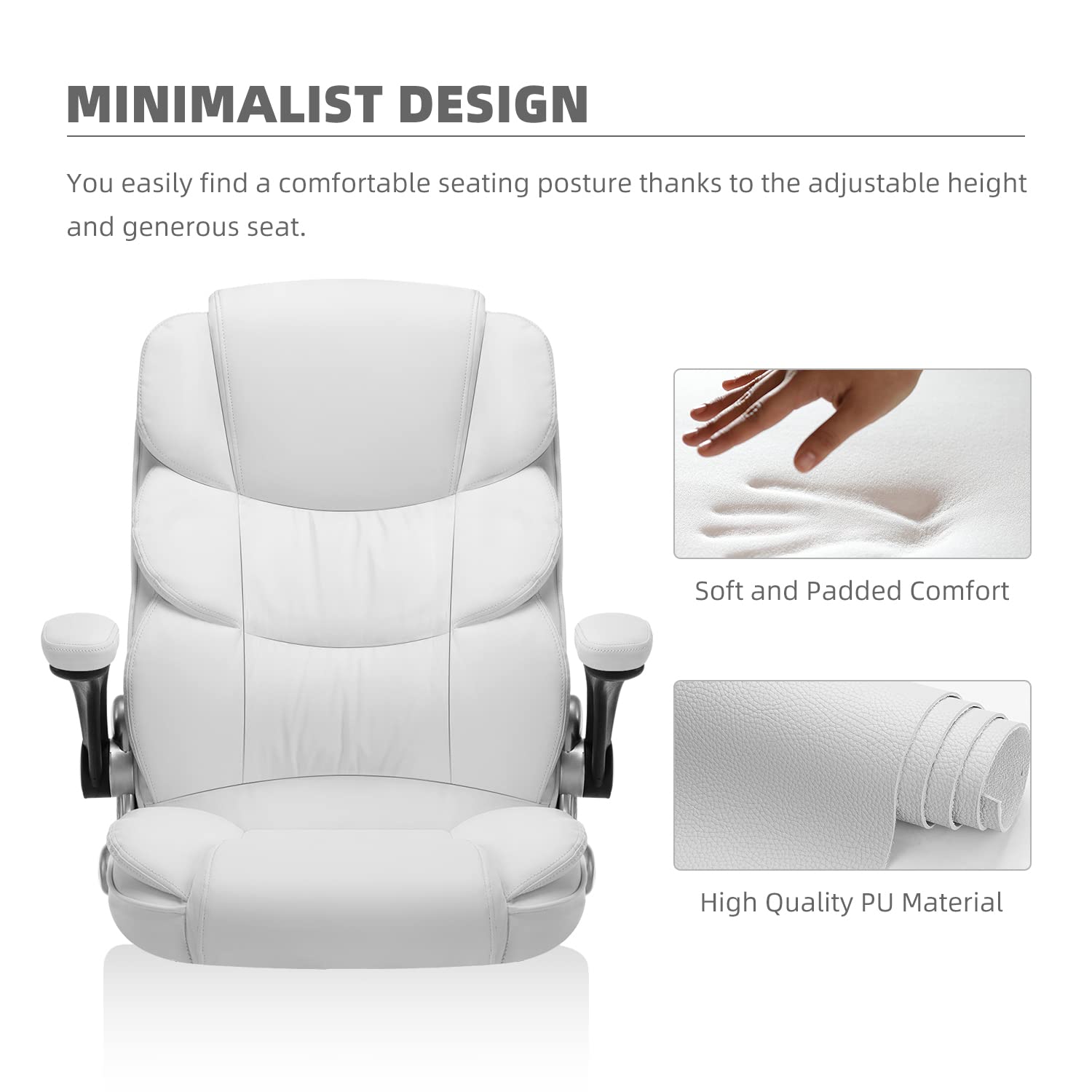 KERMS High Back Office Chair PU Leather Executive Desk Chair with Padded Armrests,Adjustable Ergonomic Swivel Task Chair with Lumbar Support (white2)