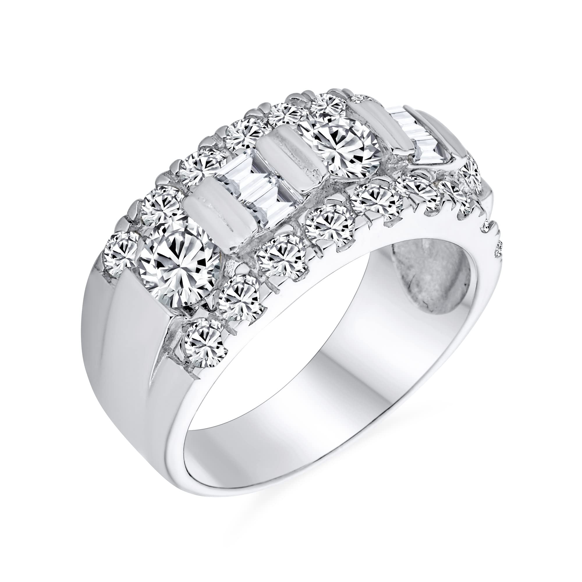 Personalize Channel Set AAA CZ Alternating Round Baguette Wide Couples Art Deco Style Wedding Band Ring For Women .925 Sterling Silver 9MM Customizable