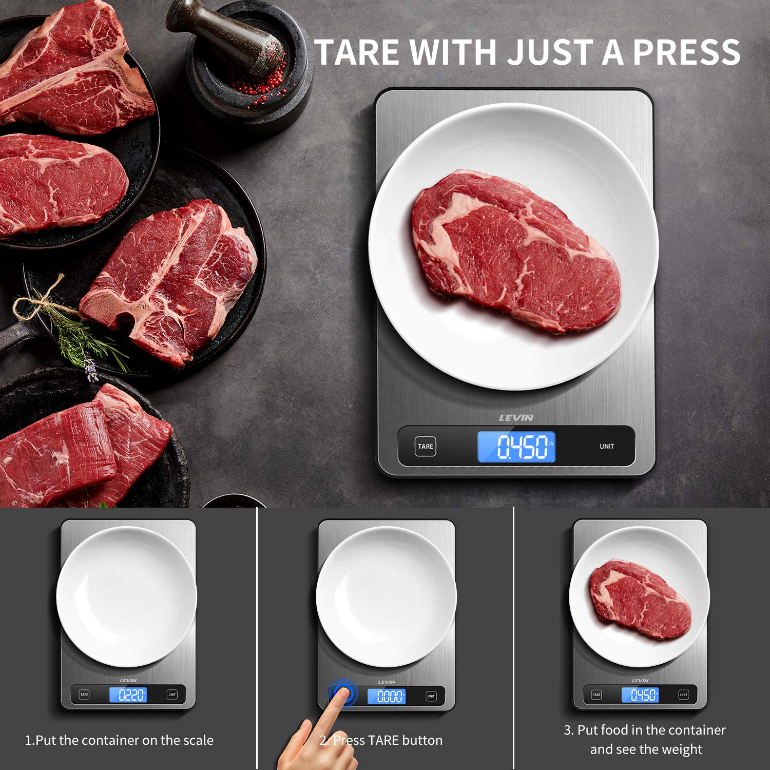 LEVIN Food Scale, 33lb Digital Kitchen Scale with 1g/0.05oz Precise Graduation, 5 Units LCD Display Scale for Cooking/Baking in KG, G, oz, ml, and lb, Easy Clean Stainless Steel and Tempered Glass