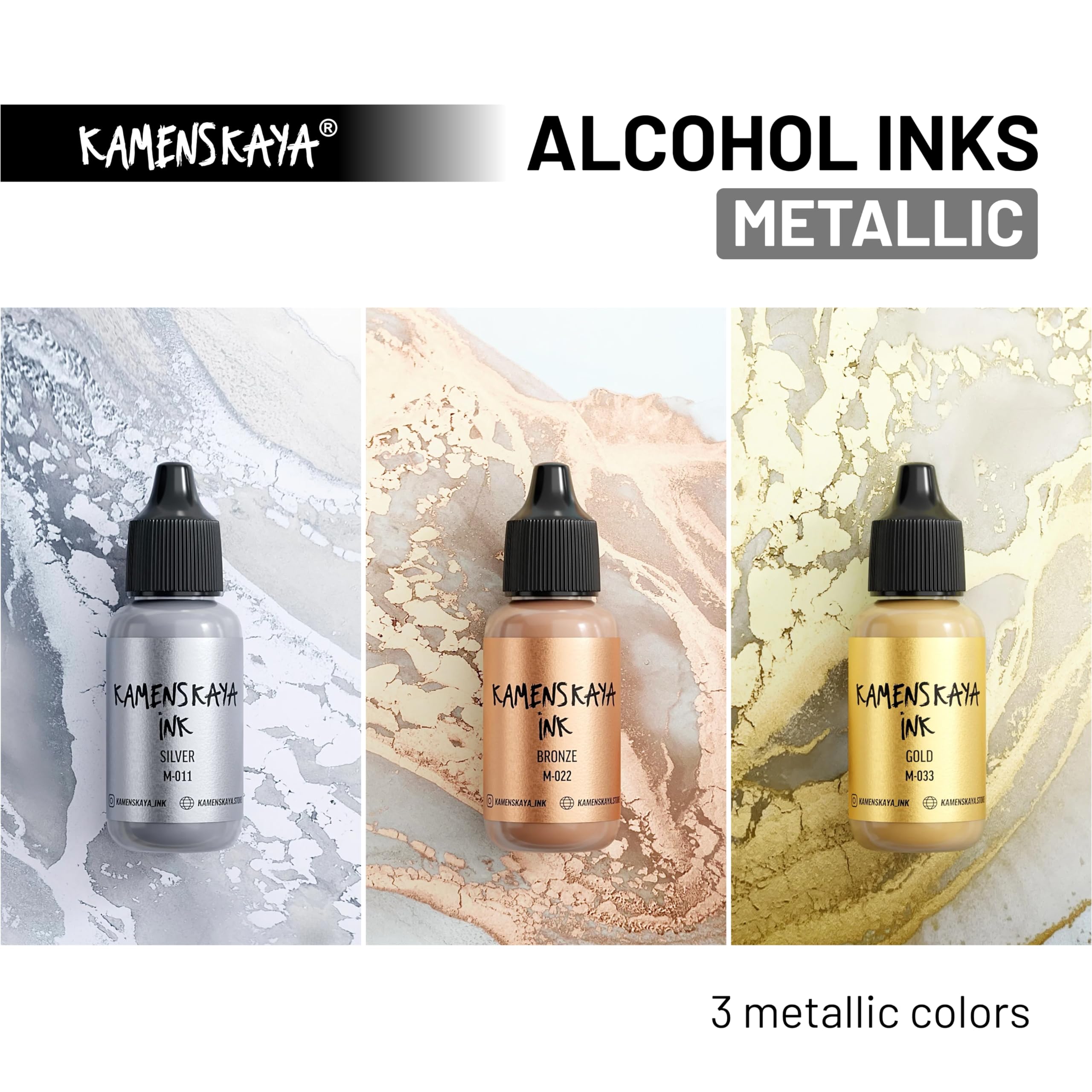 KAMENSKAYA Metallic Alcohol Ink Set: Gold Alcohol Ink, Silver Alcohol Ink, Bronze Alcohol Ink, 0.51 fl oz (15 ml) Each