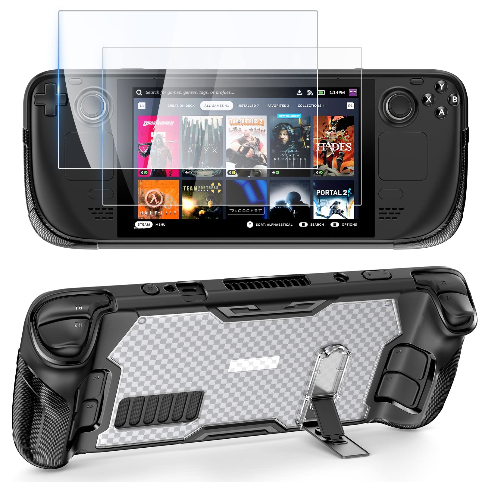 Protective Case Set for Steam Deck - Full Body TPU+PC Case Cover with Kickstand, Ultra HD Tempered Glass Screen Protectors Accessories kit for Steam Deck