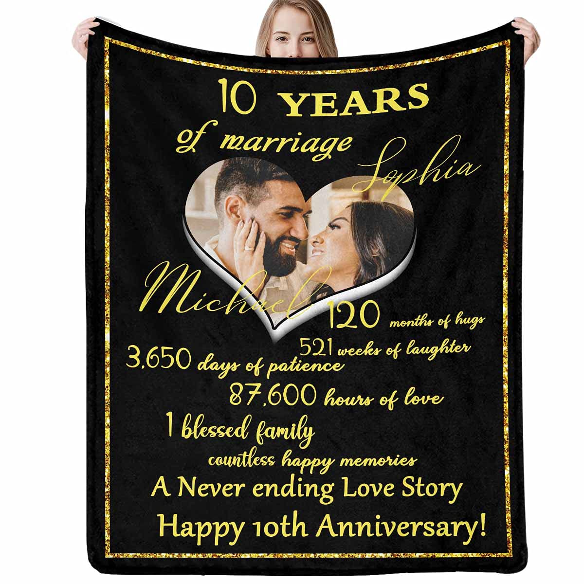 Personalized Anniversary Throw Blanket, 10 Year Anniversary Wedding Gifts for Couple Parents, Customized Soft Warm Lightweight Flannel Fleece Blanket, Couples Blanket Full Size for Valentine Birthday