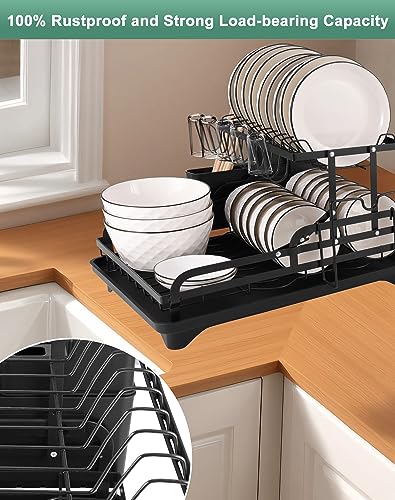 YUSHINDI 2 Tier Collapsible Dish Drying Rack for Kitchen Counter,Stainless Steel Dish Racks ,Space-Saving & Multipurpose,Dish Rack for Kitchen Counter with Utensil Holder,, Large-Capacity, Black