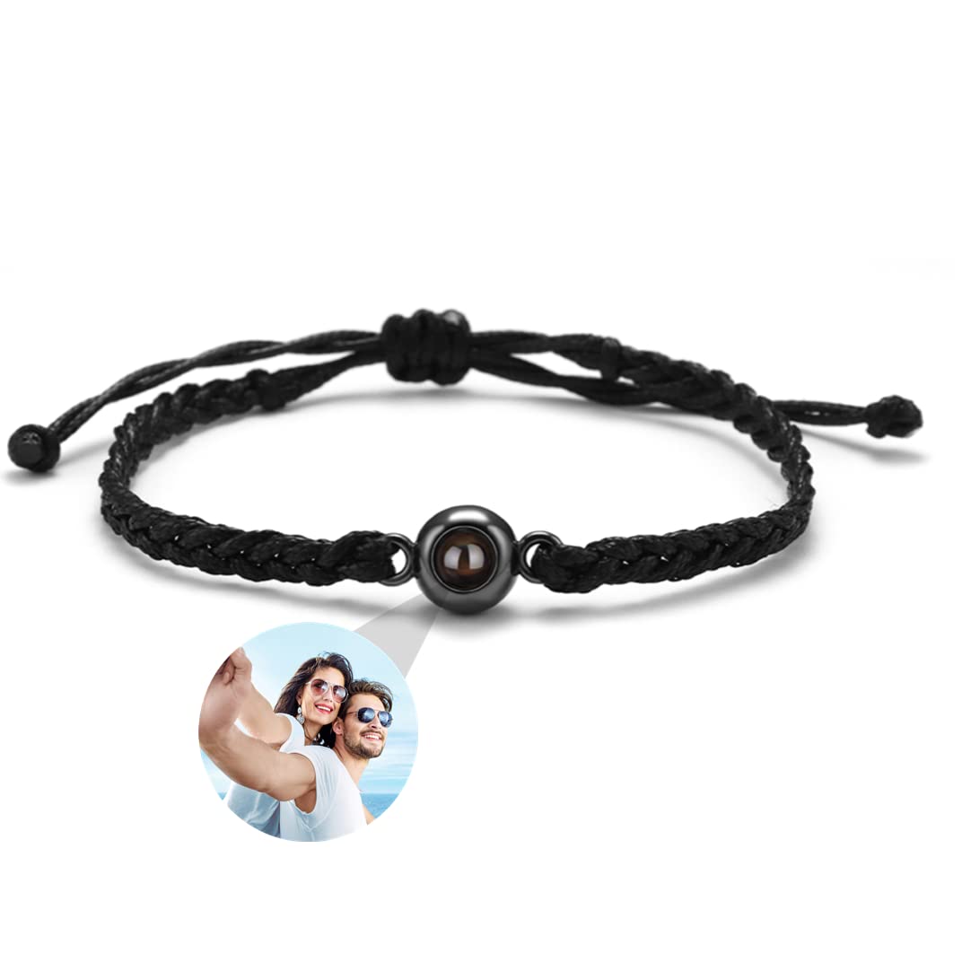 Personalized Men Photo Bracelets Custom Picture Projection Bracelets 100 Languages āāI Love You Circle Bracelet Customized Birthday Anniversary Memorial Gifts for Her Him Women Adjustable Braided Rope (A-black, Sterling Silver)