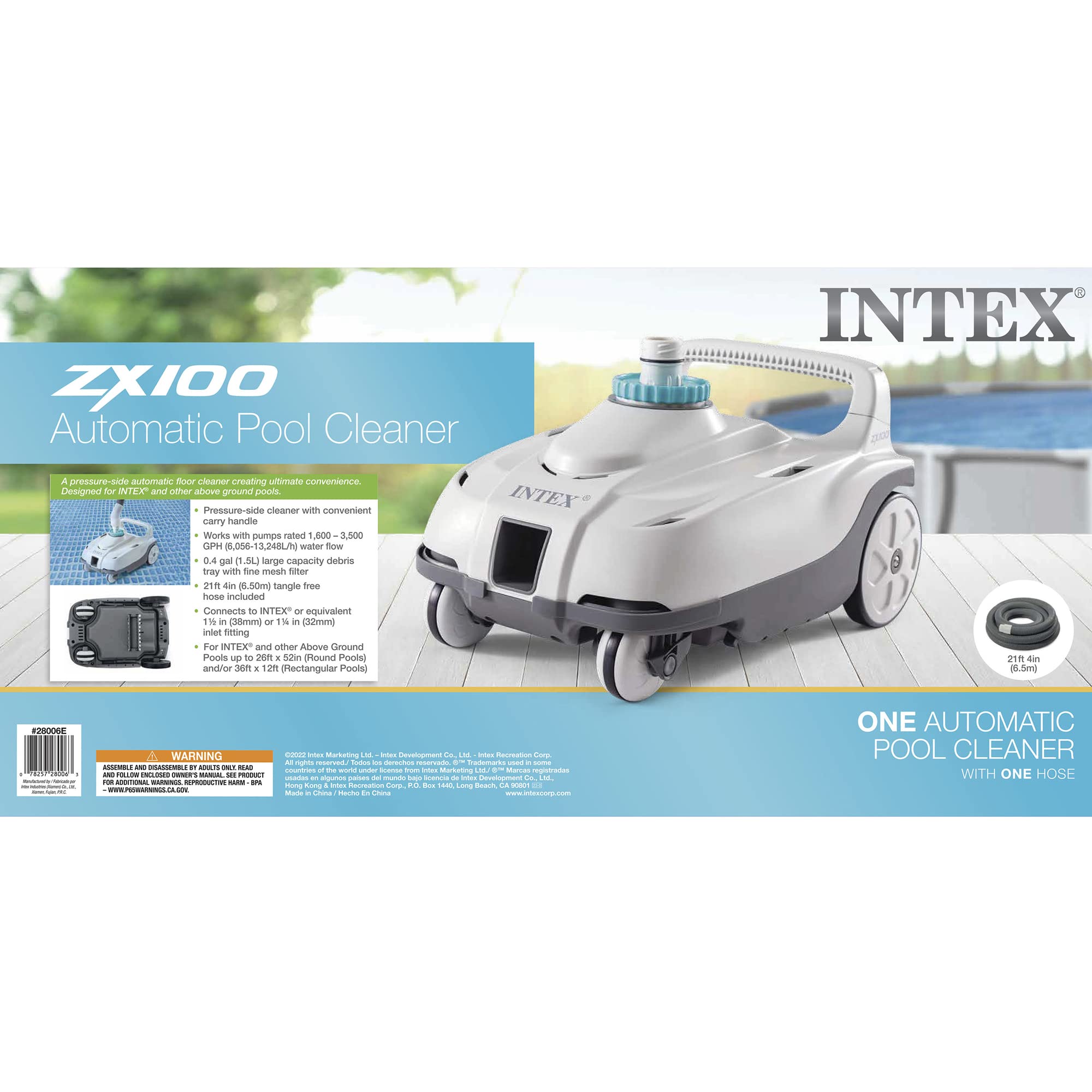 INTEX 28006E ZX100 Pressure-Side Above Ground Automatic Pool Cleaner: For Bigger Pools β Cleans Pool Floor β Removes Debris β Removable Filter Tray β 21ft Tangle Free Hose