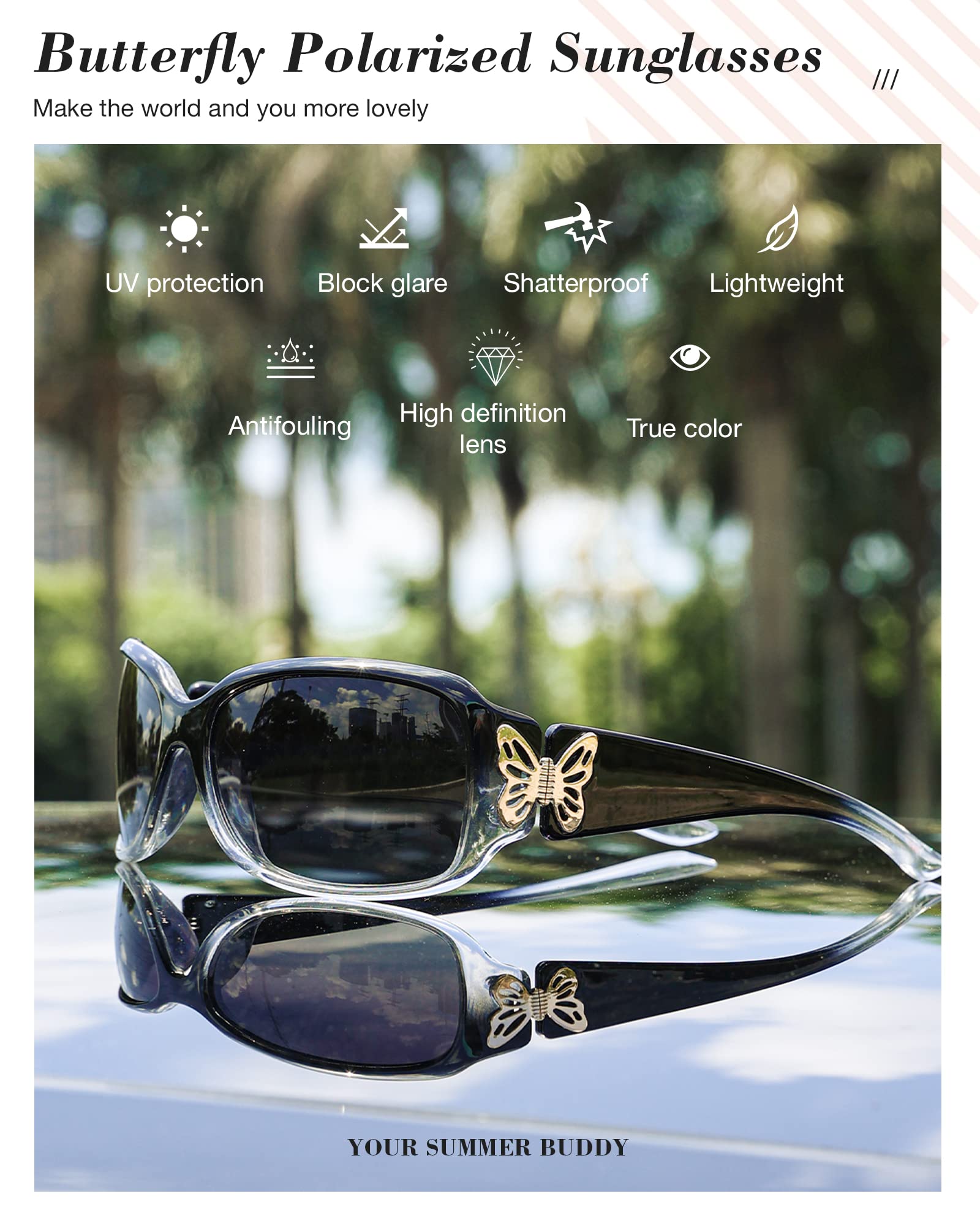 LVIOE Polarized Sunglasses for Women, Fashion Butterfly Decoration Driving Fishing-99.99% UV Protection