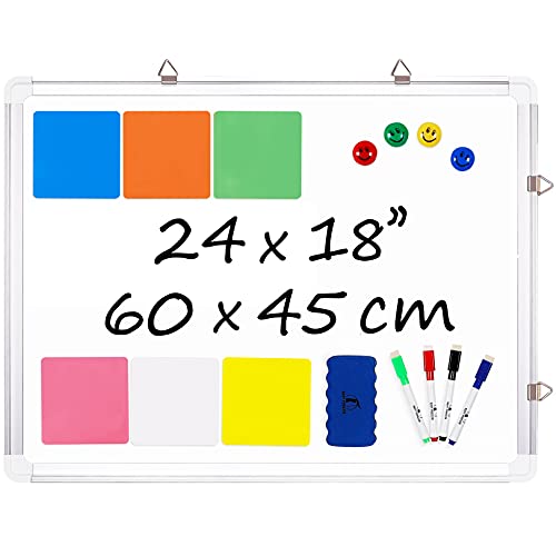 Whiteboard Set - 24 x 18" Dry Erase Board with 1 Magnetic Eraser, 4 Dry Wipe Markers, 4 Magnets and 6 Magnetic Labels - Wall Hanging Reminder Kanban Scrum White Board for Home and Office