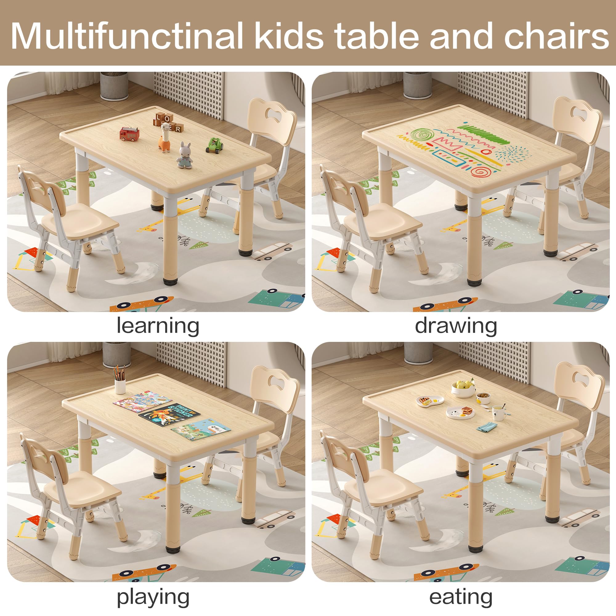 YAIWOMI Kids Table and Chairs Height Adjustable, Toddler Table and Chairs, 31.5''L x 23.6''W Graffiti Table with 4 Chairs, for Reading, Drawing, Eating, for Ages 3-8, Grey