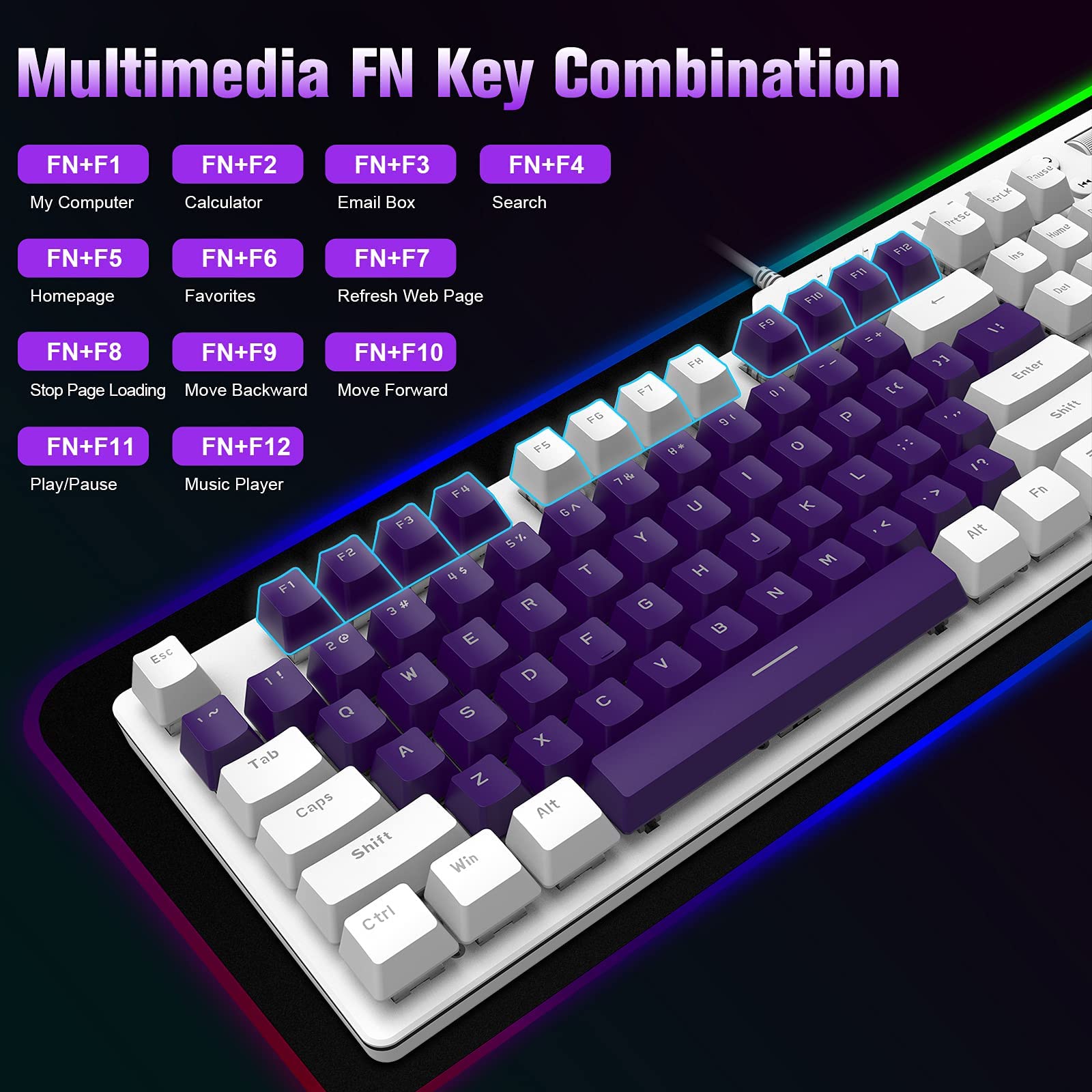 Mechanical Gaming Keyboard Hot Swappable with Multi Monochromatic Backlight 104 Key Anti-ghosting Ergonomic Metal Plate Multimedia Key USB Wired for PC Mac Gamer Office Typist(White Purple/Red Switch)