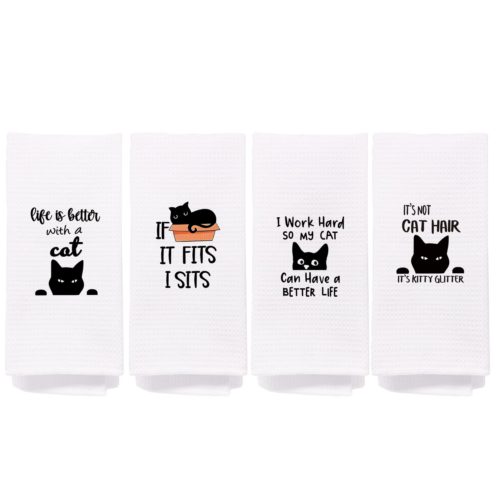 NEGIGA Cat Kitchen Towels and Dishcloths Sets 24x16 Inch Set of 4, Funny Black Peeking Cat Decor Decorative Dish Hand Tea Bath Towels for Kitchen Bathroom,Cat Lovers Girls Gifts
