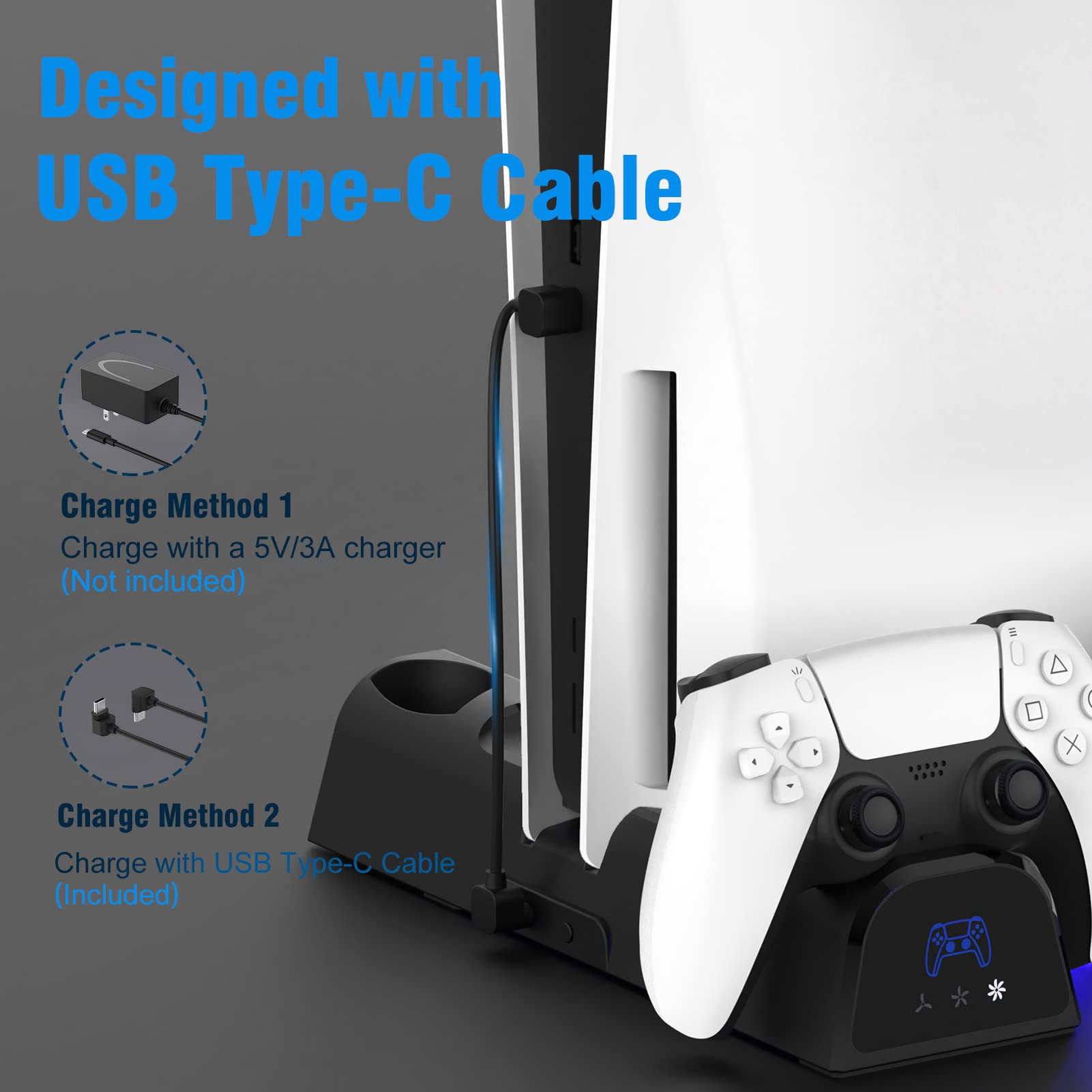 PS5 Cooling Stand with 2 Controller Charger Station and Extra Headset Holder for PS5 Disc & Digital Editions, Dual Controllers Charger, 3-Speed Adjustable Silent Fans, 11 Games Rack Organizer, Black